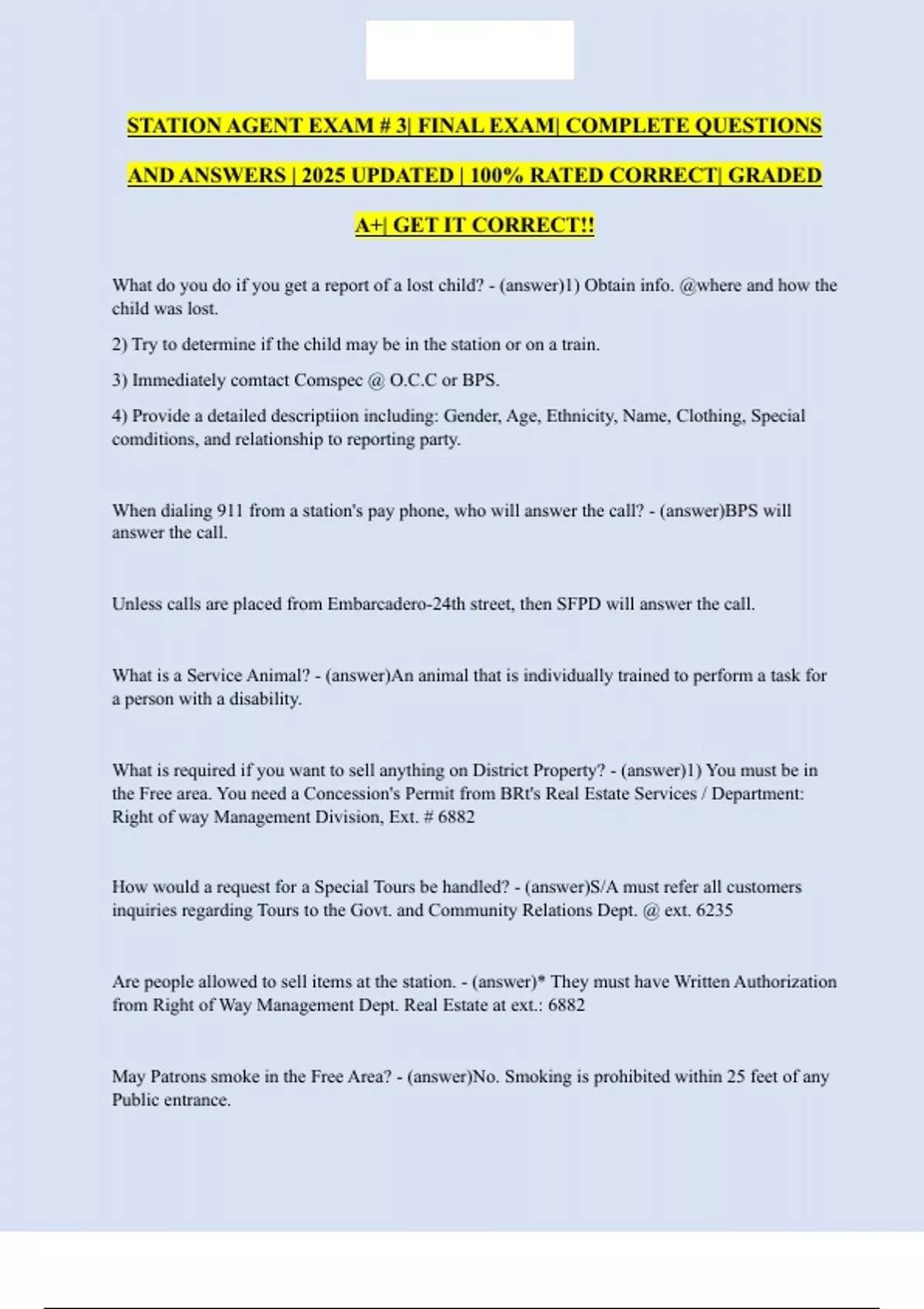 STATION AGENT EXAM # 3| FINAL EXAM| COMPLETE QUESTIONS AND ANSWERS ...