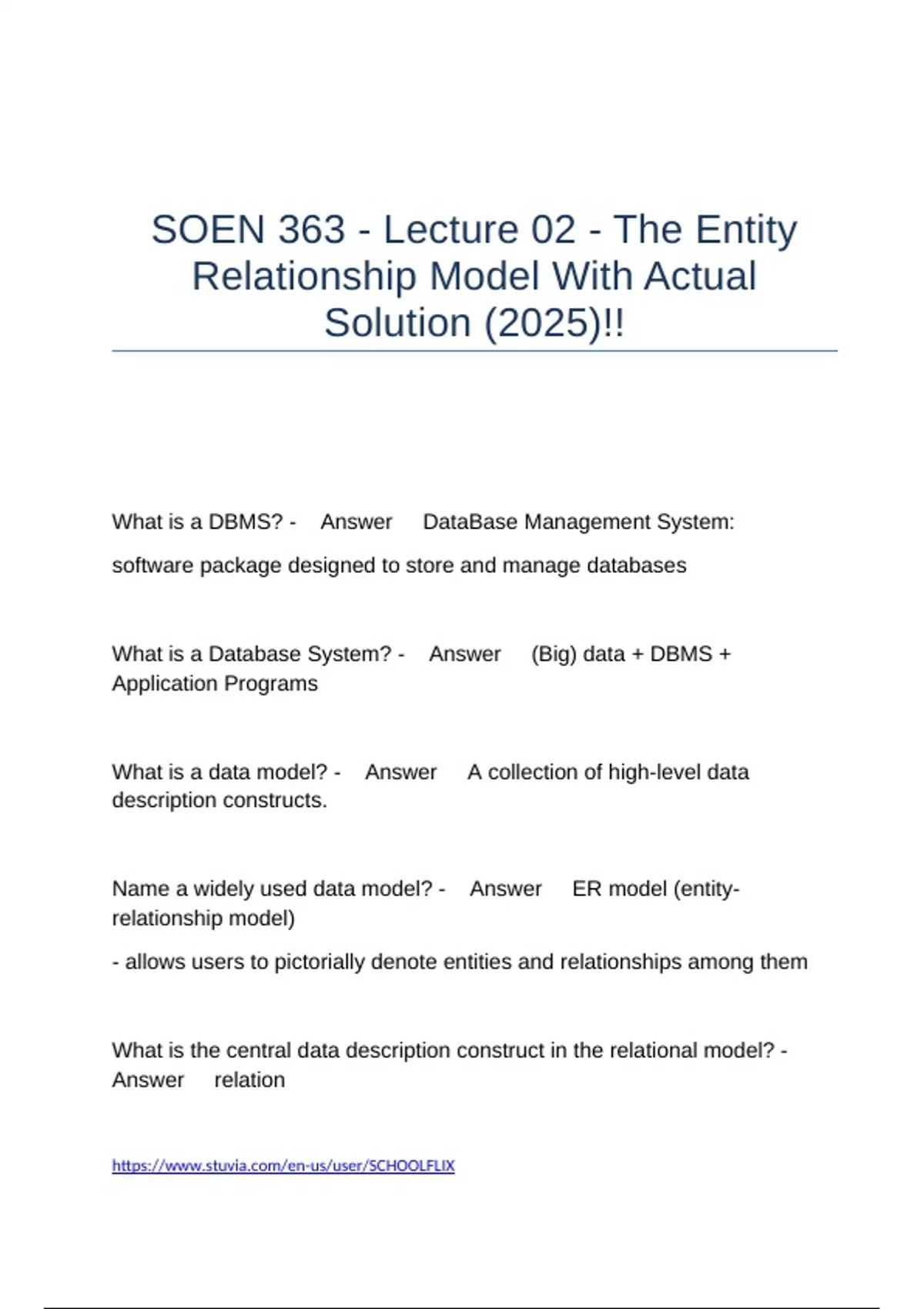 SOEN 363 - Lecture 02 - The Entity Relationship Model With Actual Solution (2025)!! - SOEN 228 ...