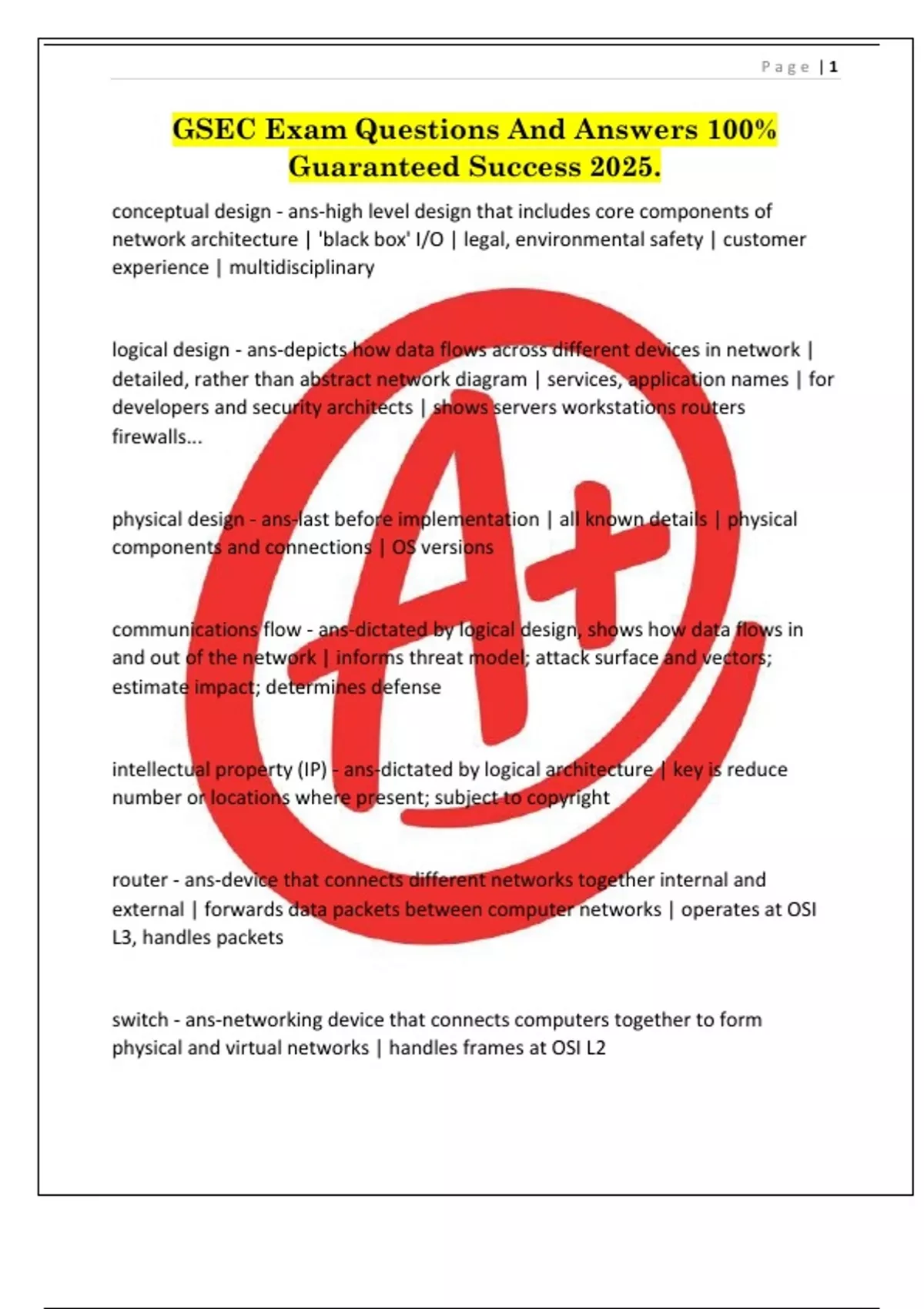 GSEC Exam Questions And Answers 100% Guaranteed Success 2025. conceptual design - ans-high level ...