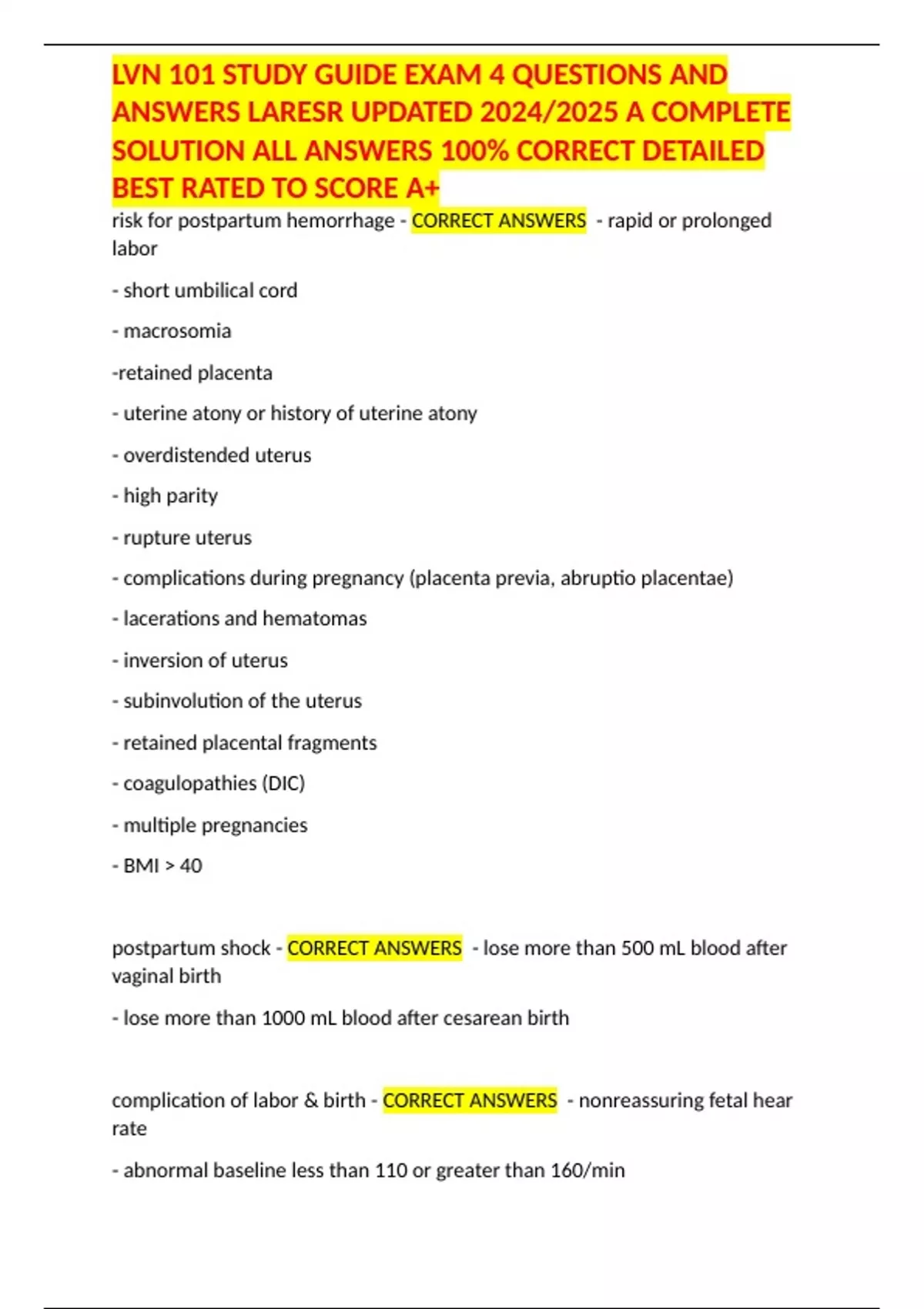 LVN 101 STUDY GUIDE EXAM 4 QUESTIONS AND ANSWERS LARESR UPDATED 2024/ ...