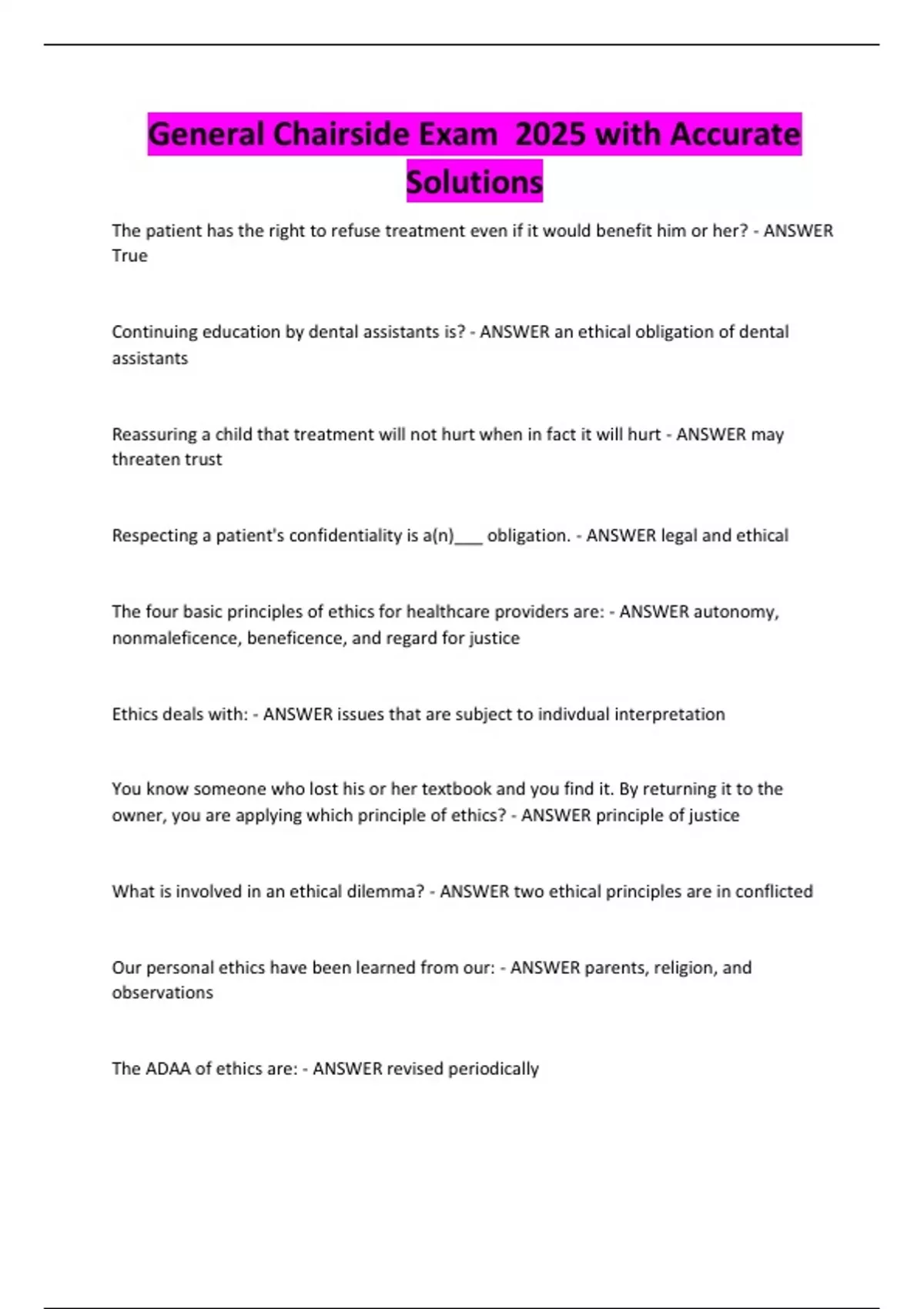 General Chairside Exam 2025 with Accurate Solutions - General Chairside ...