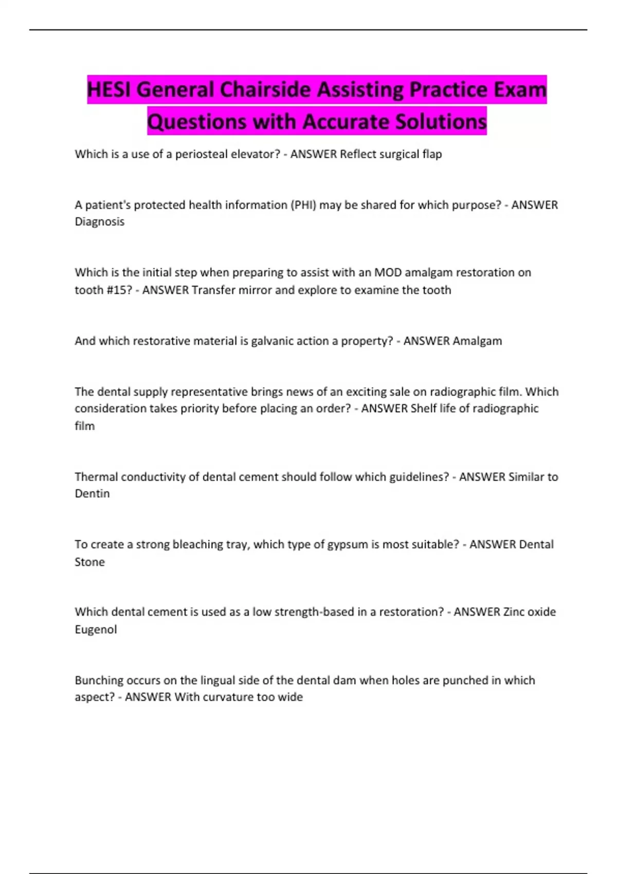 HESI General Chairside Assisting Practice Exam Questions with Accurate ...