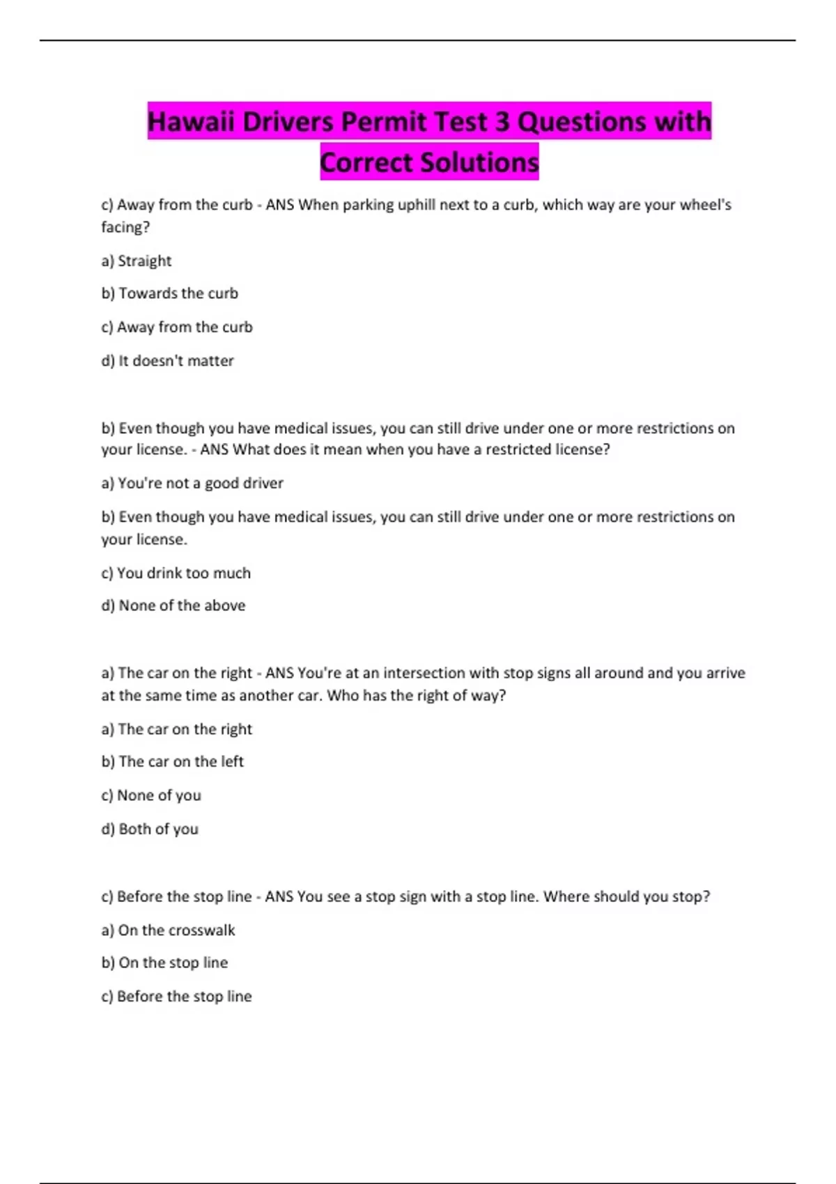 Hawaii Drivers Permit Test 3 Questions with Correct Solutions - Hawaii ...