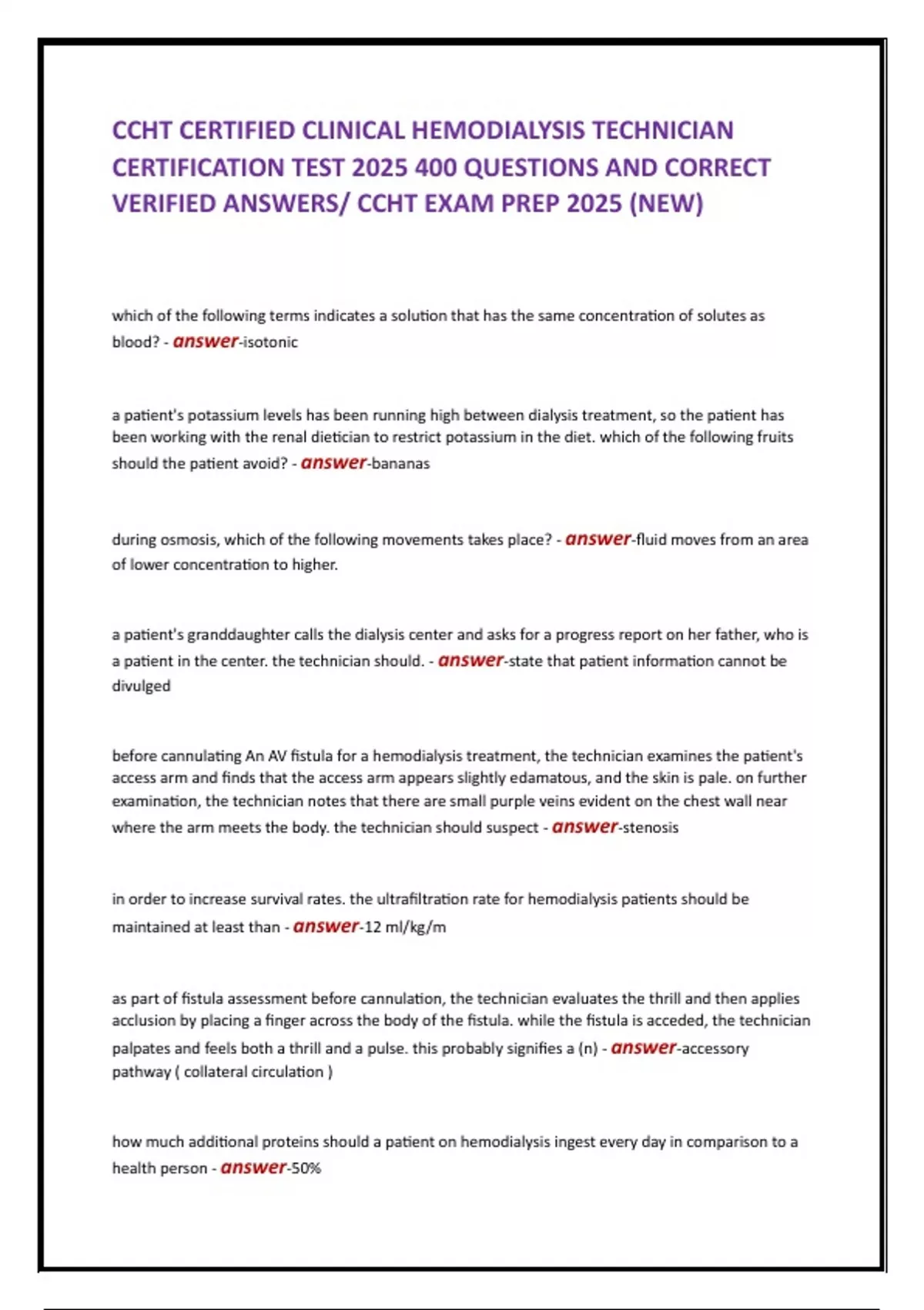 CCHT CERTIFIED CLINICAL HEMODIALYSIS TECHNICIAN CERTIFICATION TEST 2025 ...