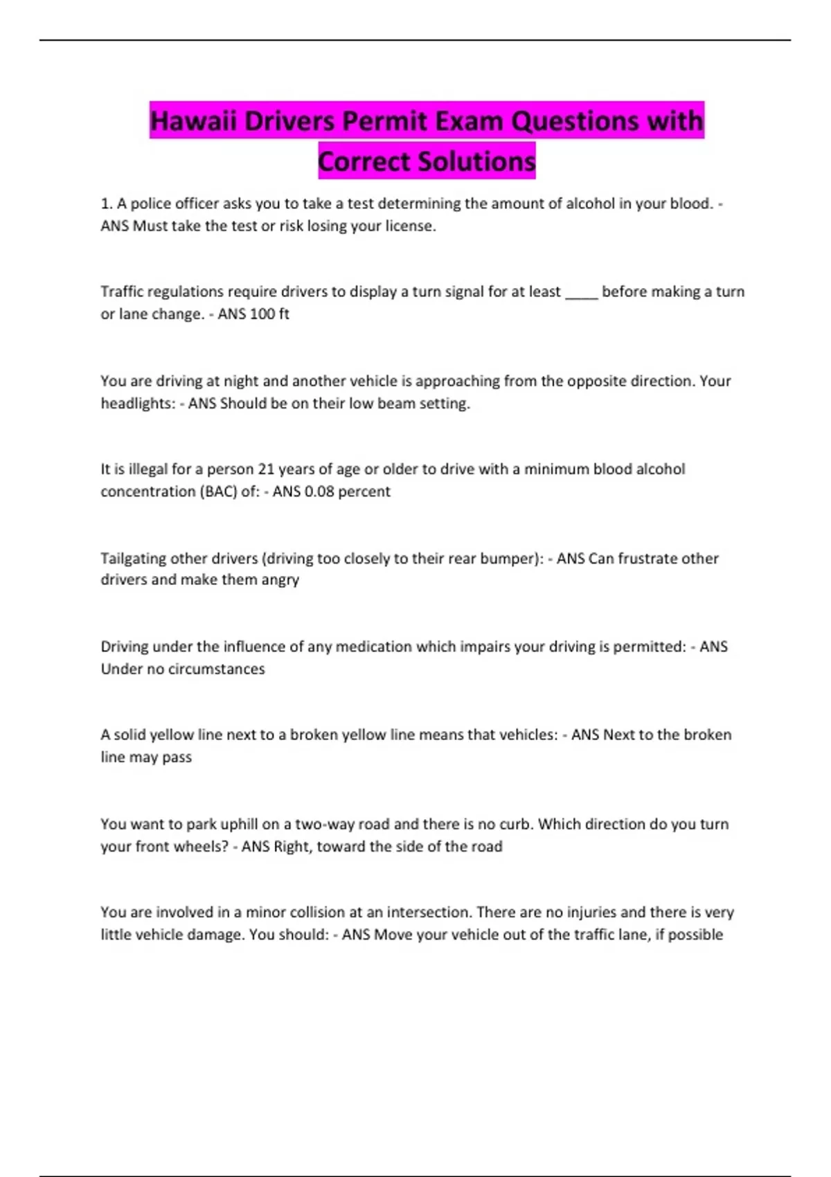 Hawaii Drivers Permit Exam Questions with Correct Solutions - Hawaii ...