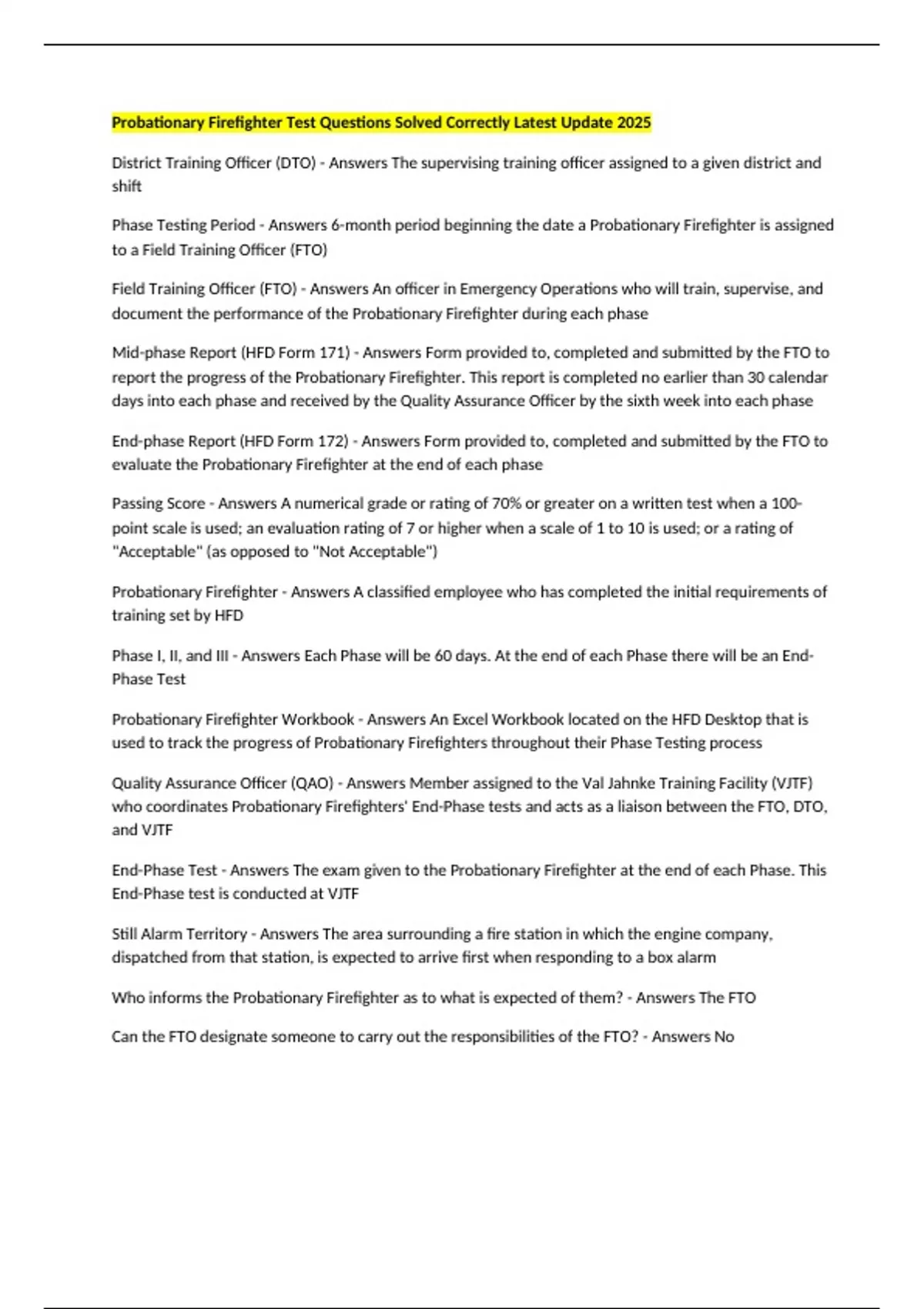 Probationary Firefighter Test Questions Solved Correctly Latest Update ...