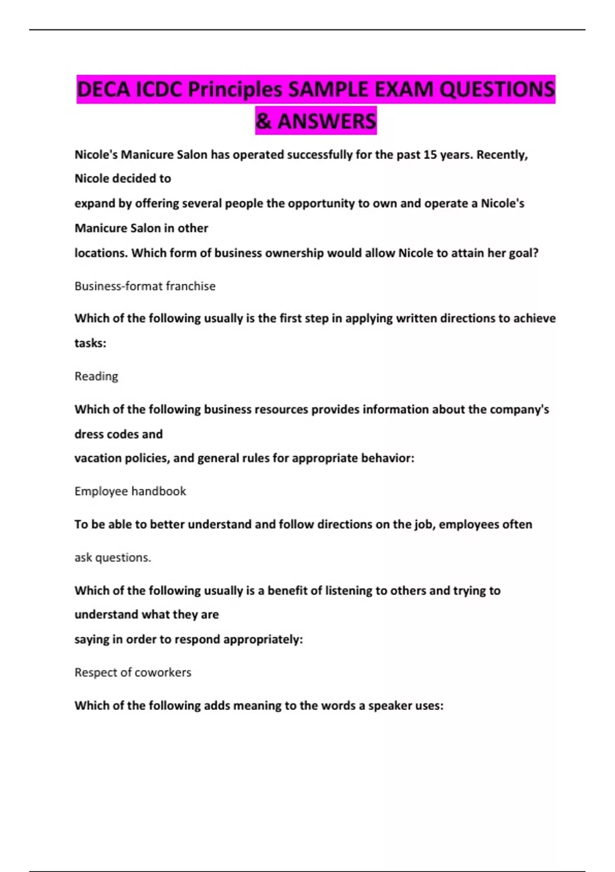 DECA ICDC Principles SAMPLE EXAM QUESTIONS & ANSWERS - DECA ICDC ...