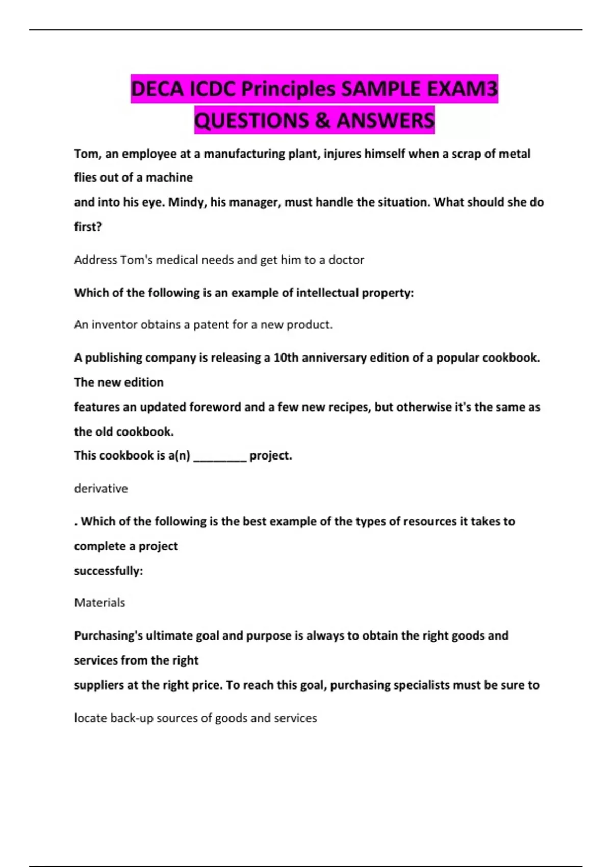 DECA ICDC Principles SAMPLE EXAM3 QUESTIONS & ANSWERS - DECA ICDC ...