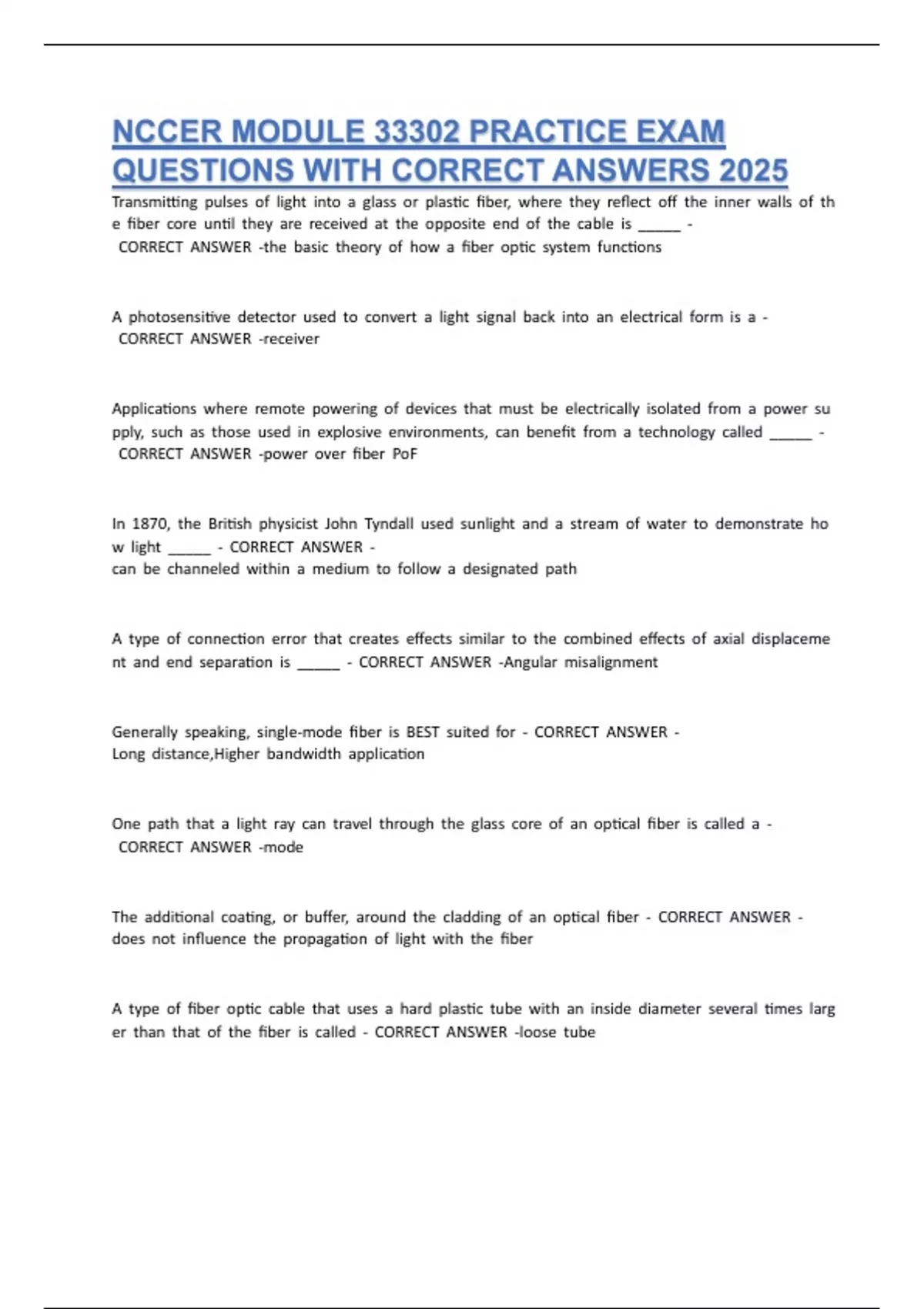 NCCER MODULE 33302 PRACTICE EXAM QUESTIONS WITH CORRECT ANSWERS 2025 - NCCER - Stuvia US