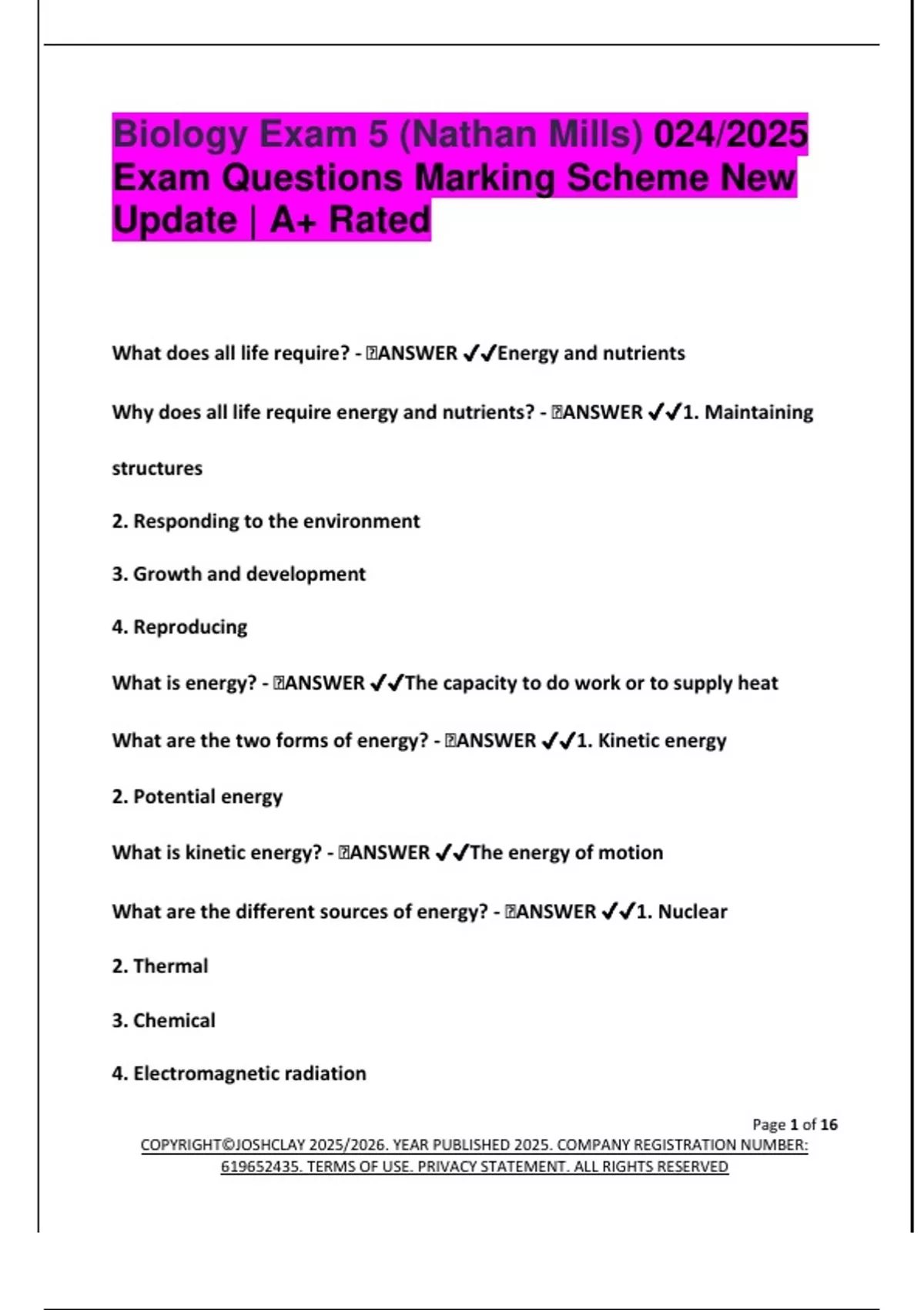 Biology Exam 5 (Nathan Mills) 024/2025 Exam Questions Marking Scheme ...