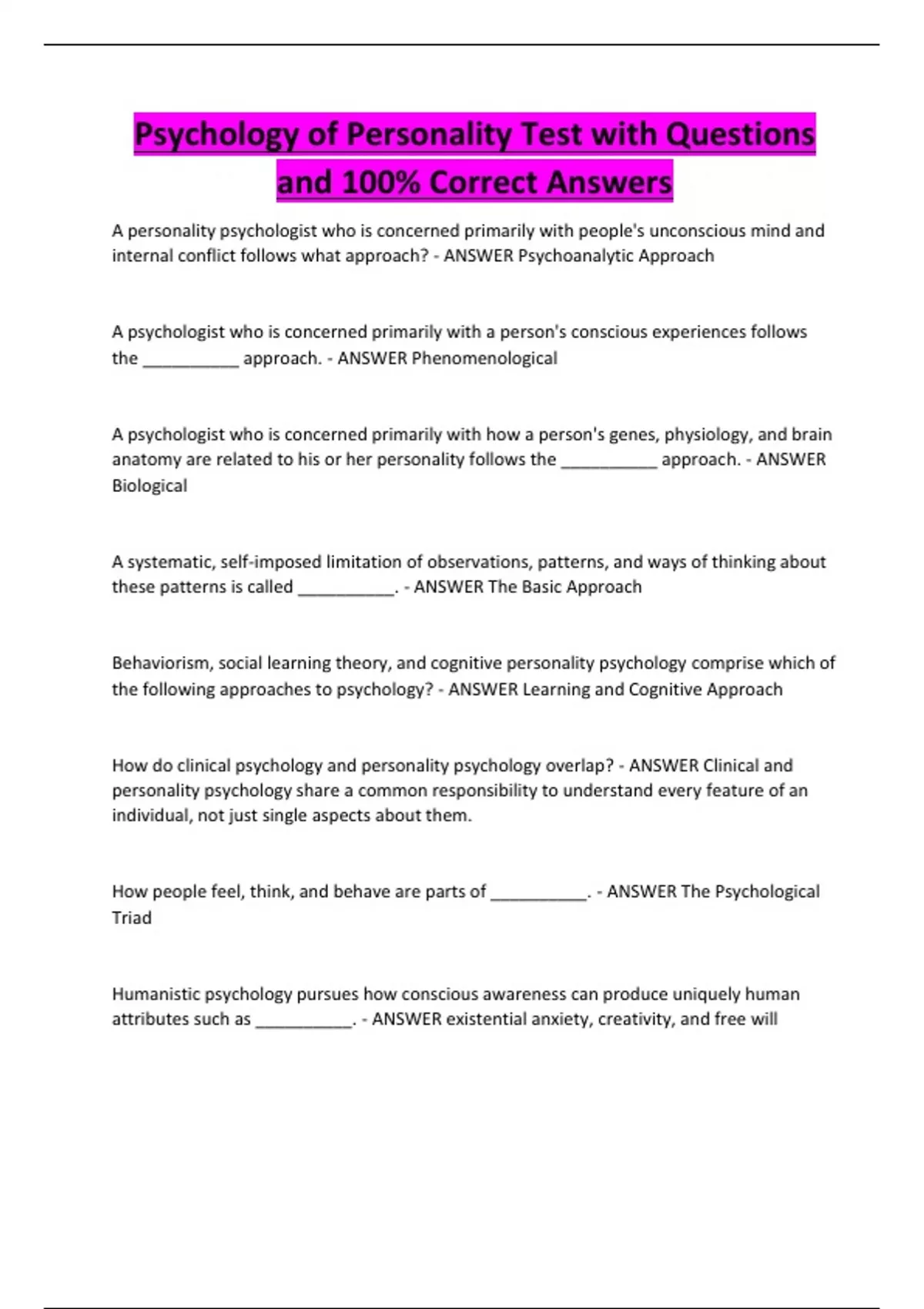 Psychology of Personality Test with Questions and 100% Correct Answers ...
