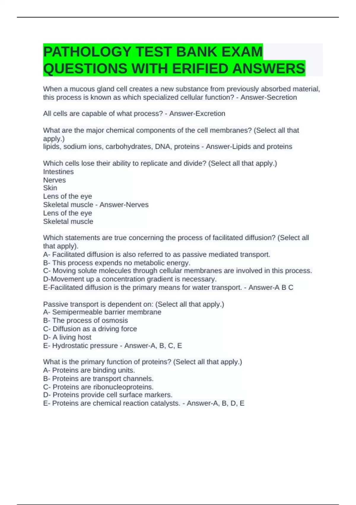 PATHOLOGY TEST BANK EXAM QUESTIONS WITH ERIFIED ANSWERS - Pathology ...