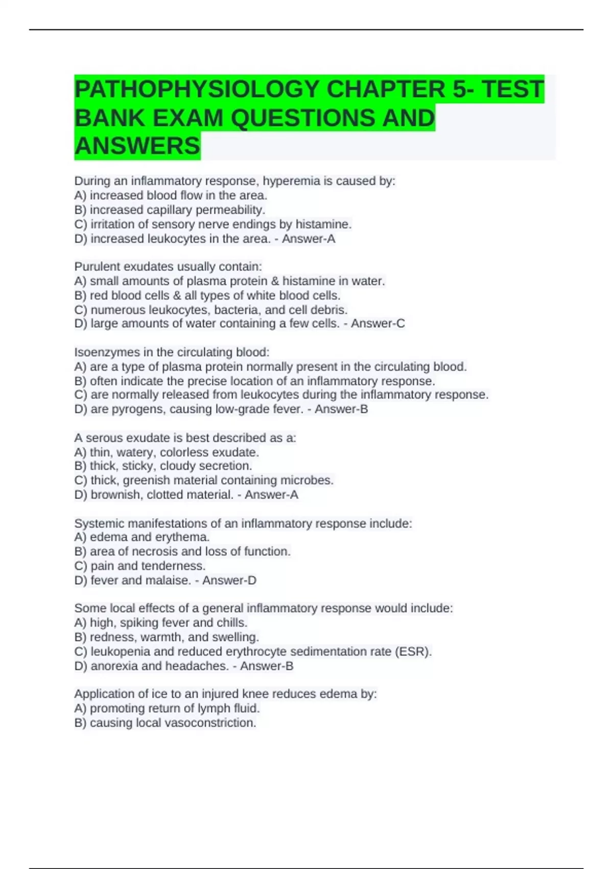 PATHOPHYSIOLOGY CHAPTER 5- TEST BANK EXAM QUESTIONS AND ANSWERS ...