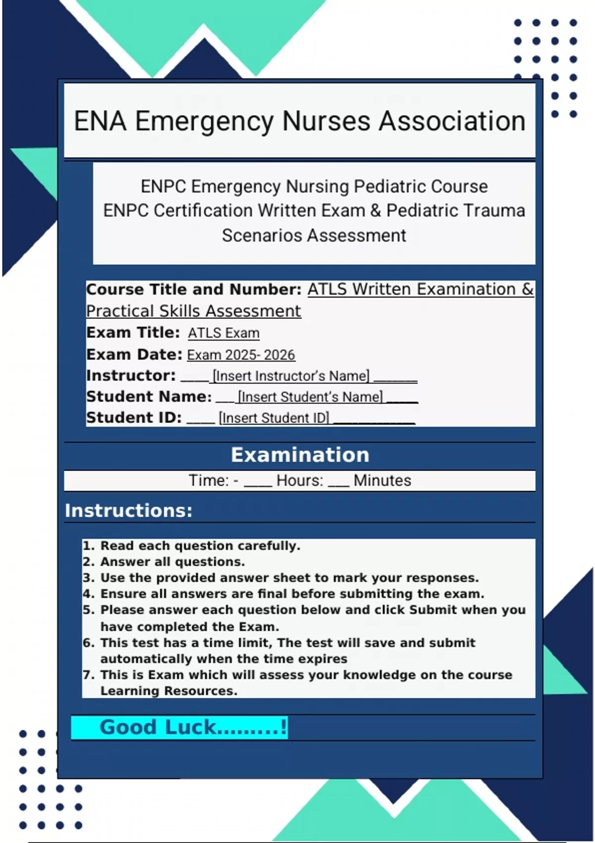 ENPC 6th Edition ENPC Pre-Test Exam Review Emergency Nursing Pediatric ...