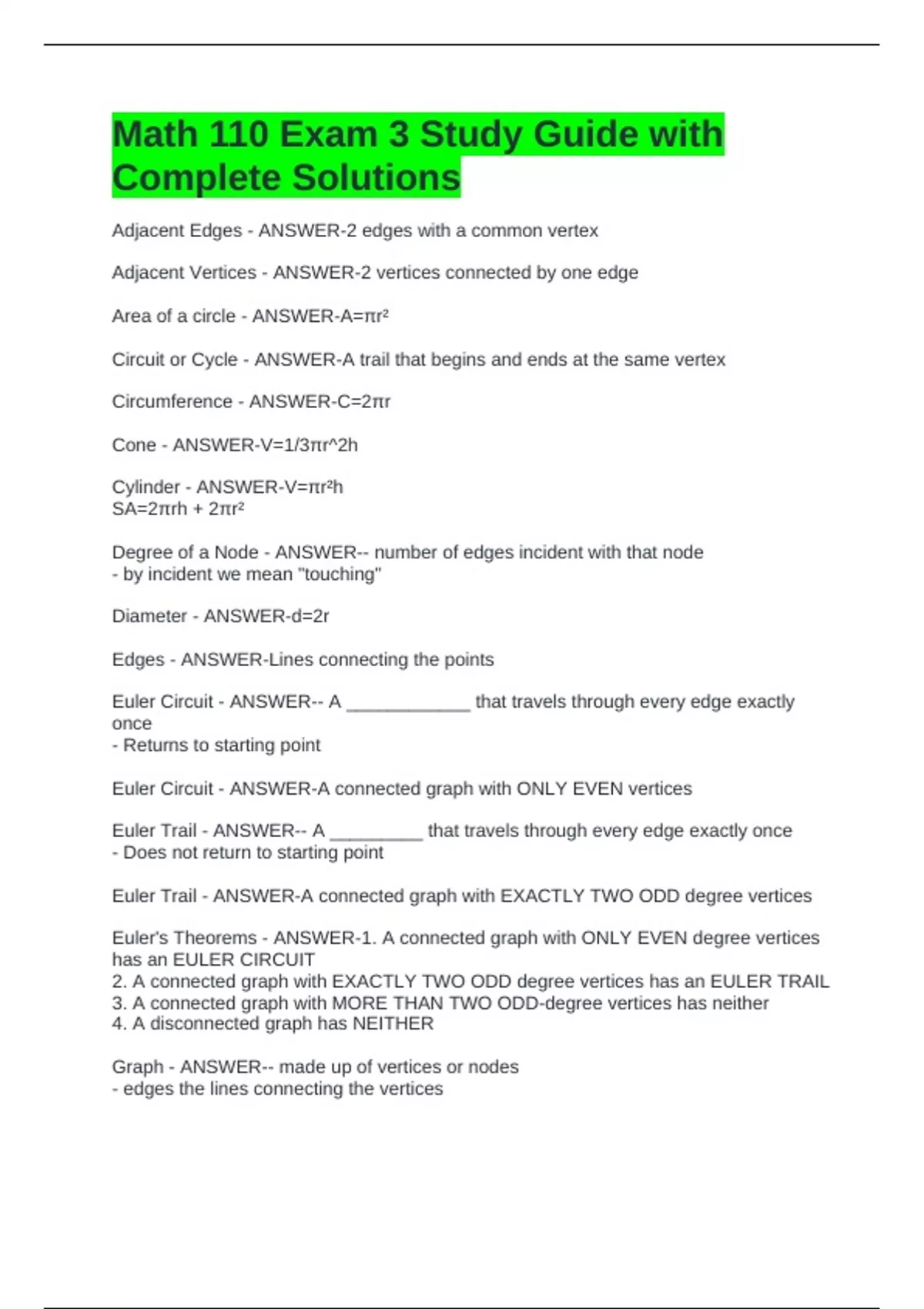 Math 110 Exam 3 Study Guide with Complete Solutions - Math 110 - Stuvia US