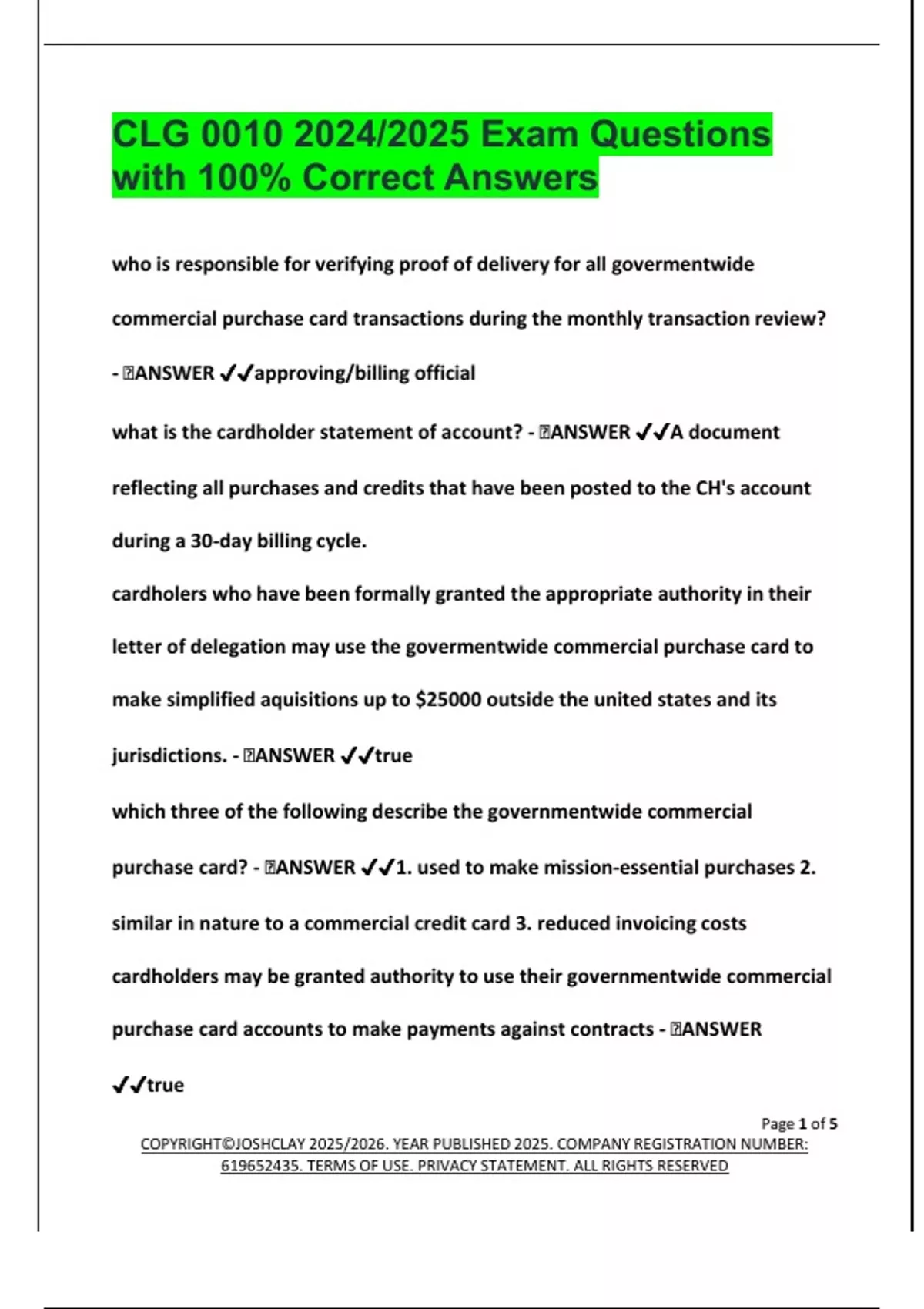 CLG /2025 Exam Questions with 100% Correct Answers - CLG 0010 - Stuvia US