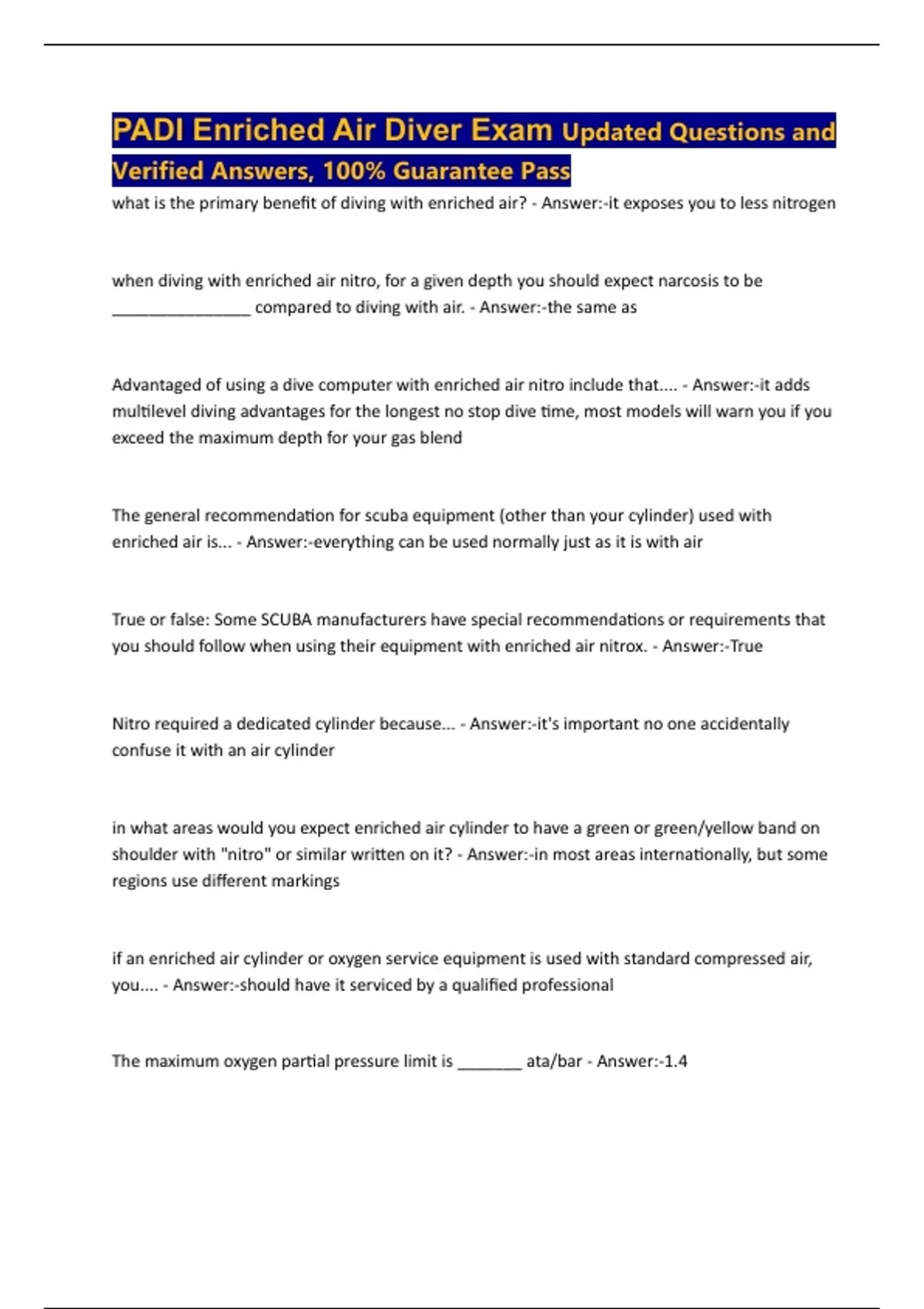 STUDY BUNDLE - PADI Enriched Air Diver 2025 Exam Updated Questions and ...