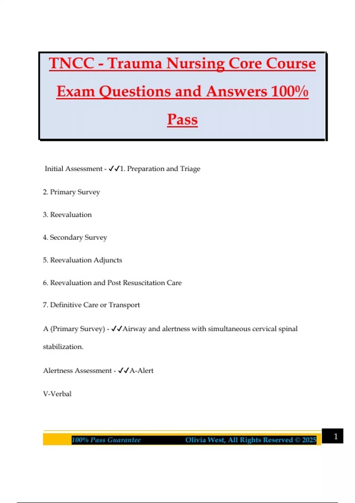 TNCC - Trauma Nursing Core Course Exam Questions and Answers 100% Pass - TNCC - Stuvia US