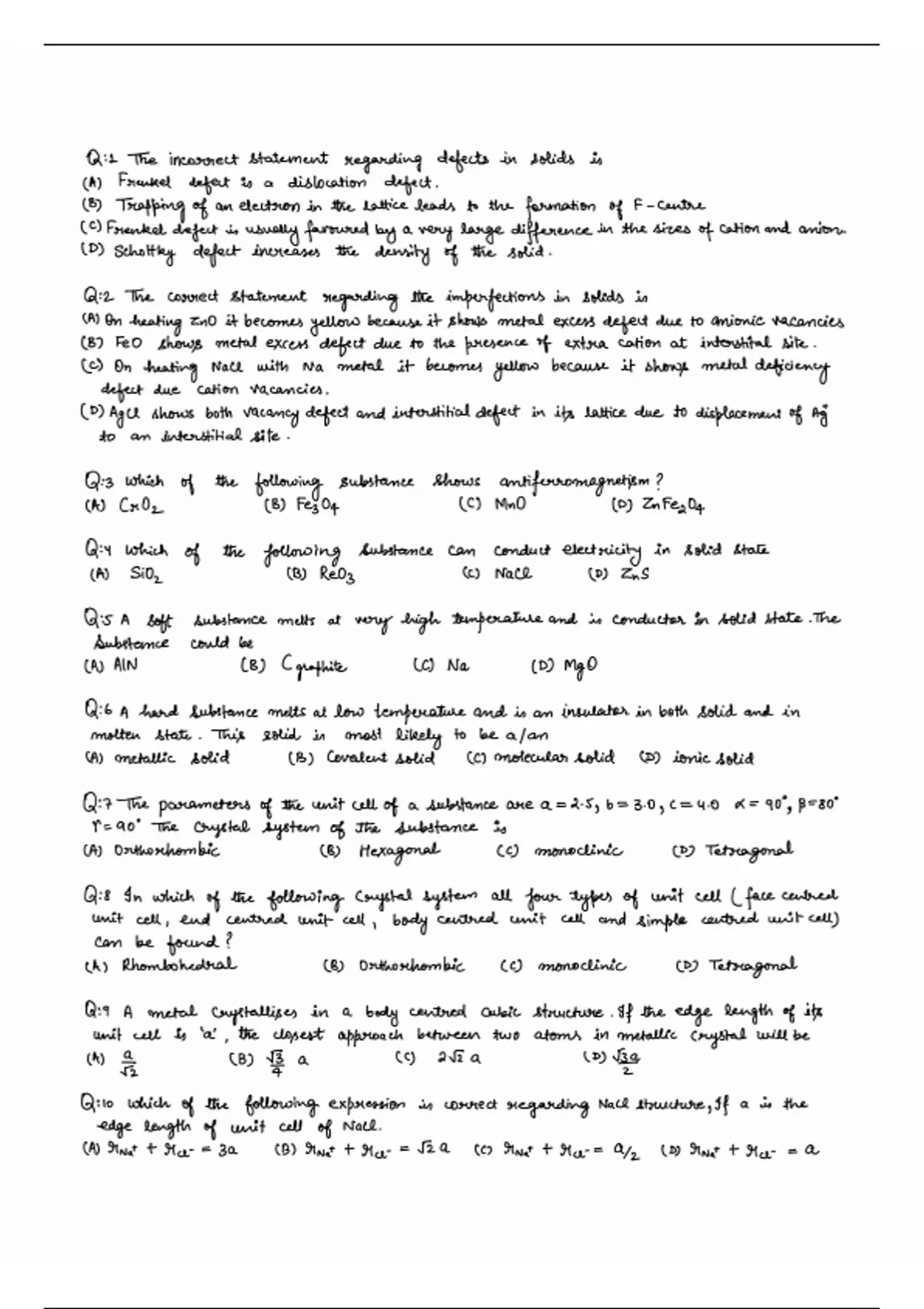 Solid State Practice Questions for Grade 12 - Chemistry - Stuvia US