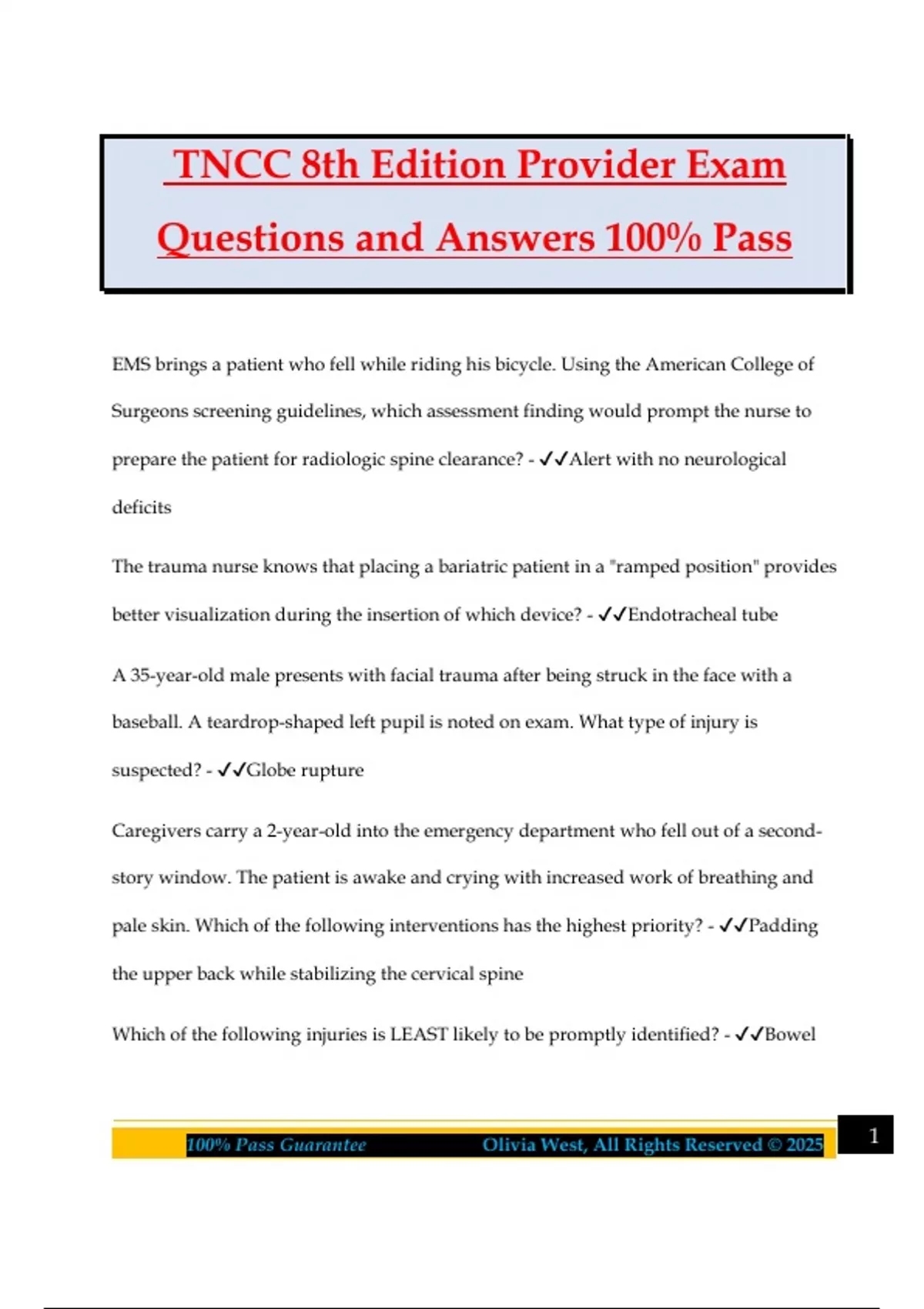 TNCC 8th Edition Provider Exam Questions and Answers 100% Pass - TNCC ...