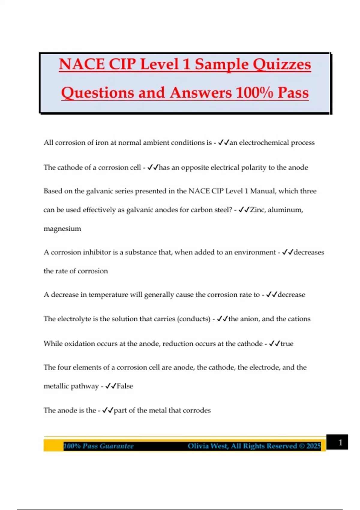 NACE CIP Level 1 Sample Quizzes Questions and Answers 100% Pass - NACE CIP 1 & 2 - Stuvia US
