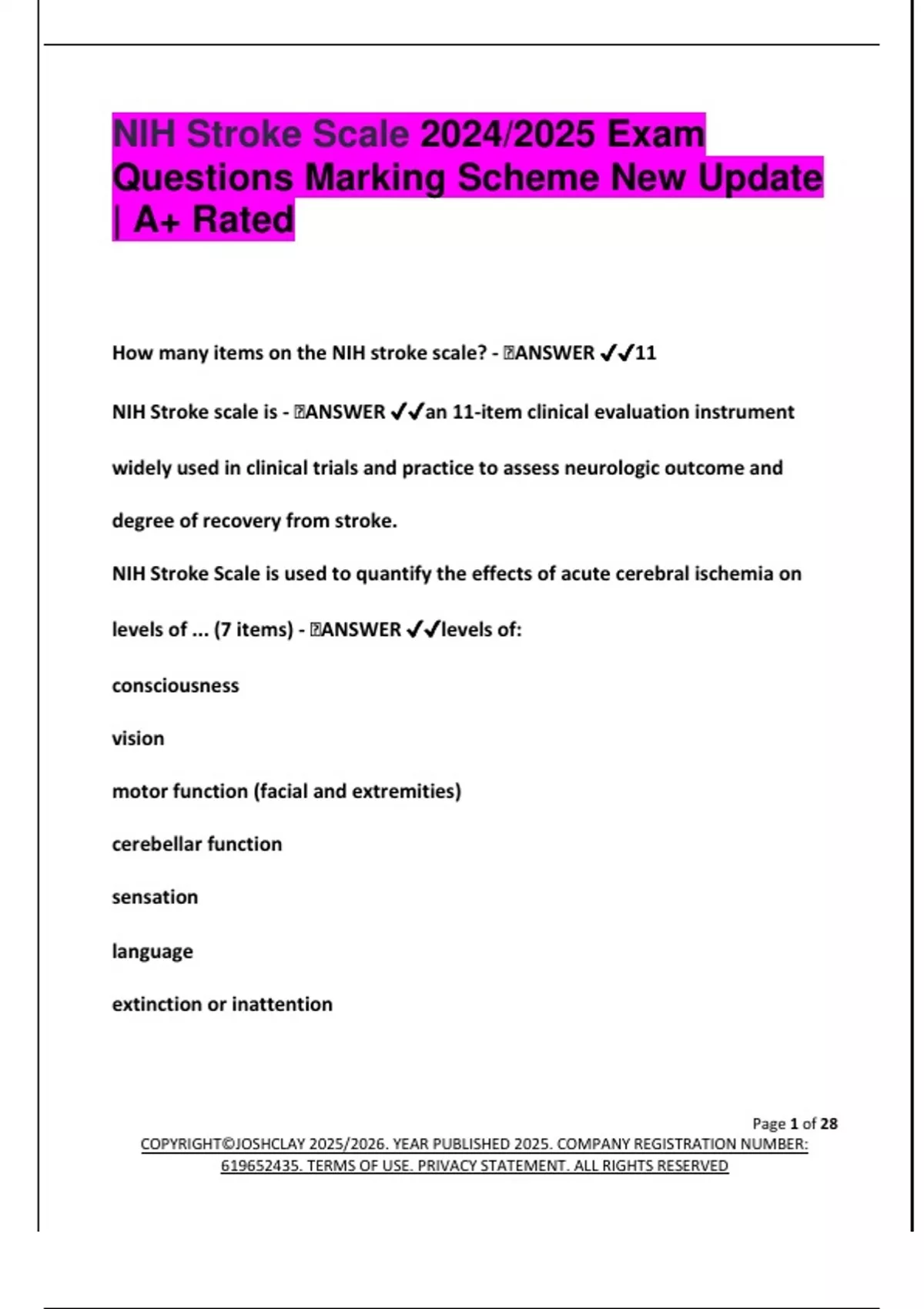 NIH Stroke Scale 2024/2025 Exam Questions Marking Scheme New Update ...