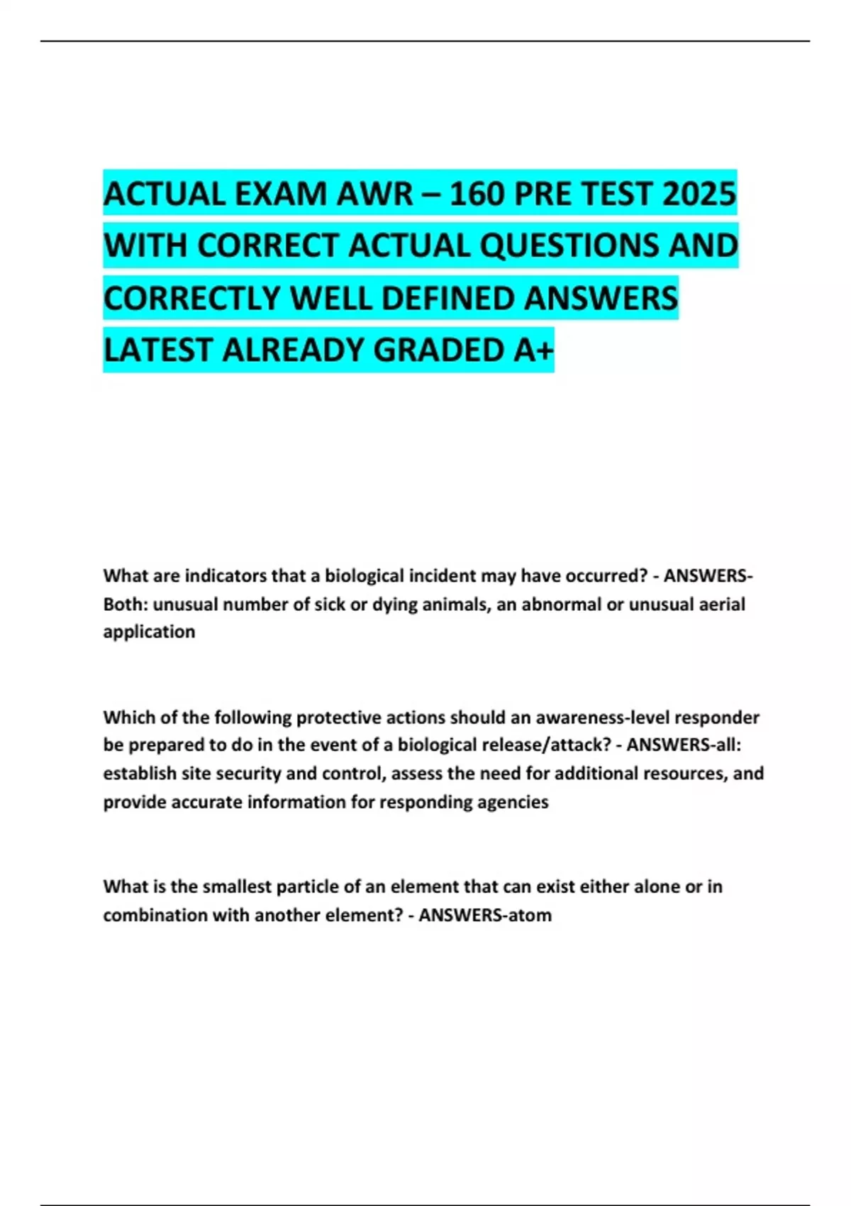 ACTUAL EXAM AWR – 160 PRE TEST 2025 WITH CORRECT ACTUAL QUESTIONS AND ...