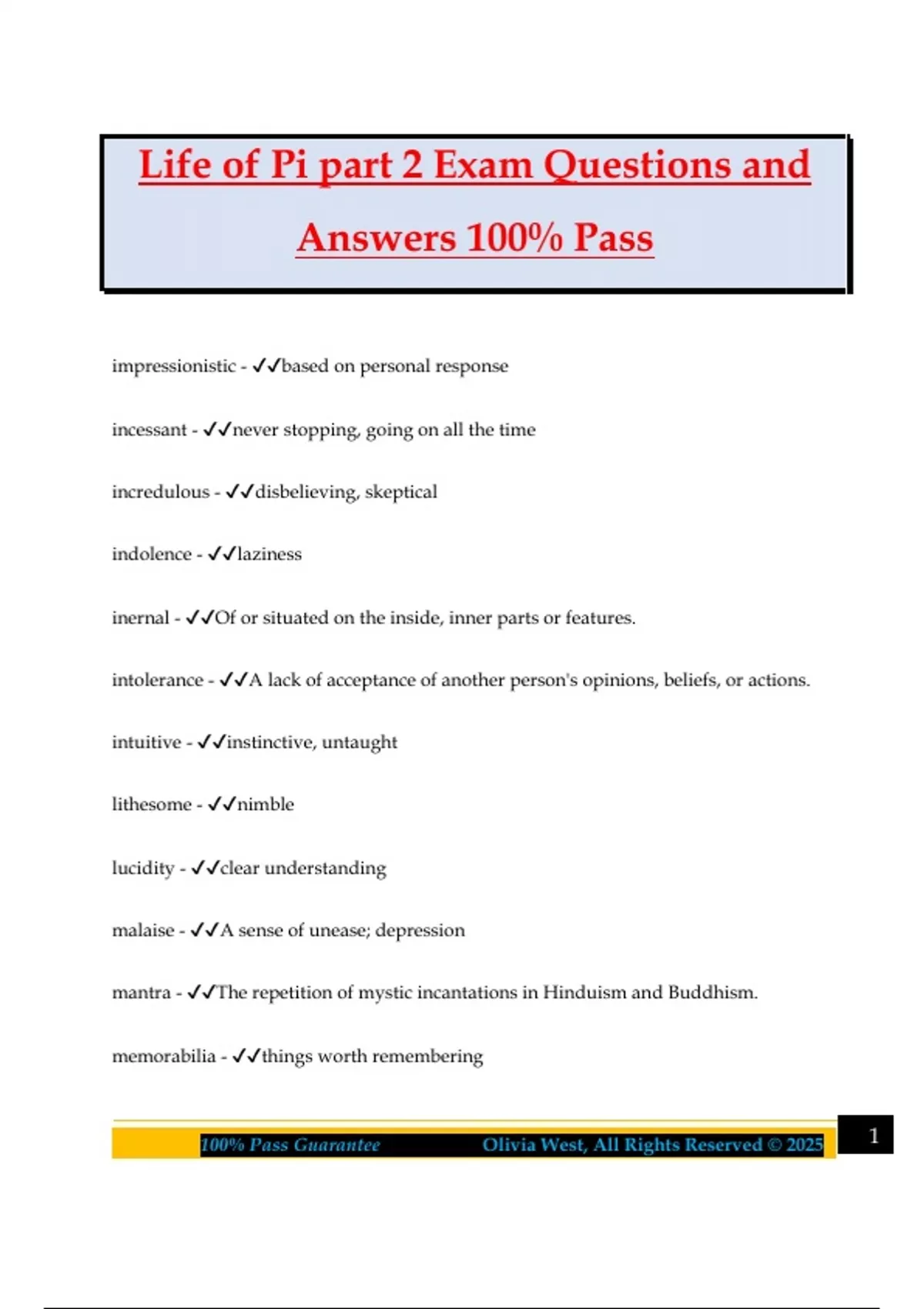 Life of Pi part 2 Exam Questions and Answers 100% Pass - Life of Pi ...