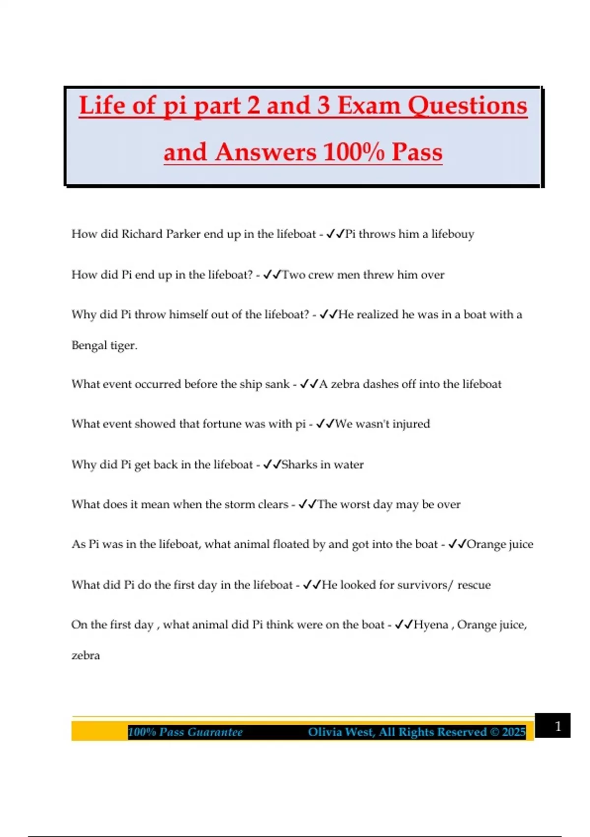 Life of pi part 2 and 3 Exam Questions and Answers 100% Pass - Life of ...