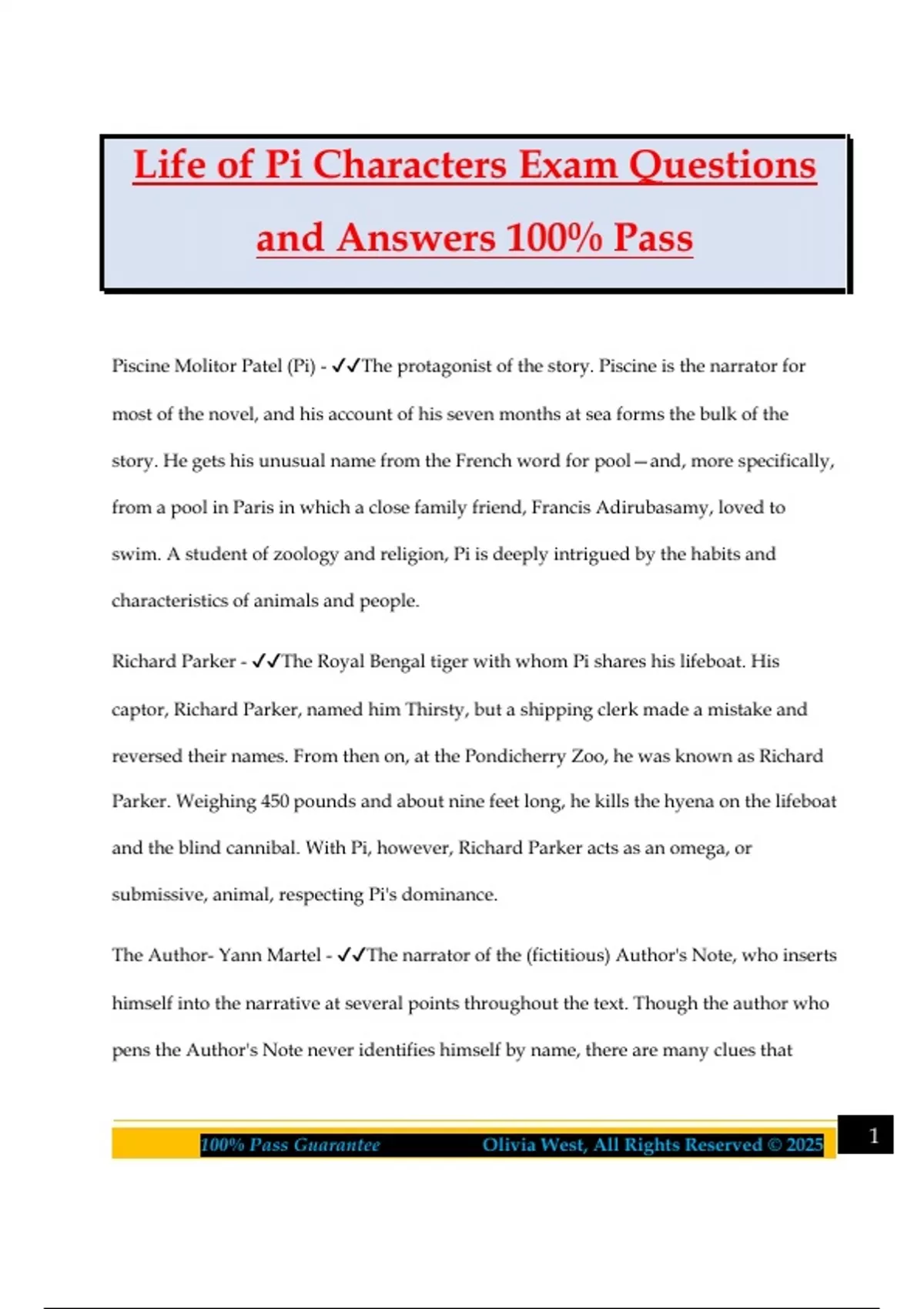 Life of Pi Characters Exam Questions and Answers 100% Pass - Life of Pi ...