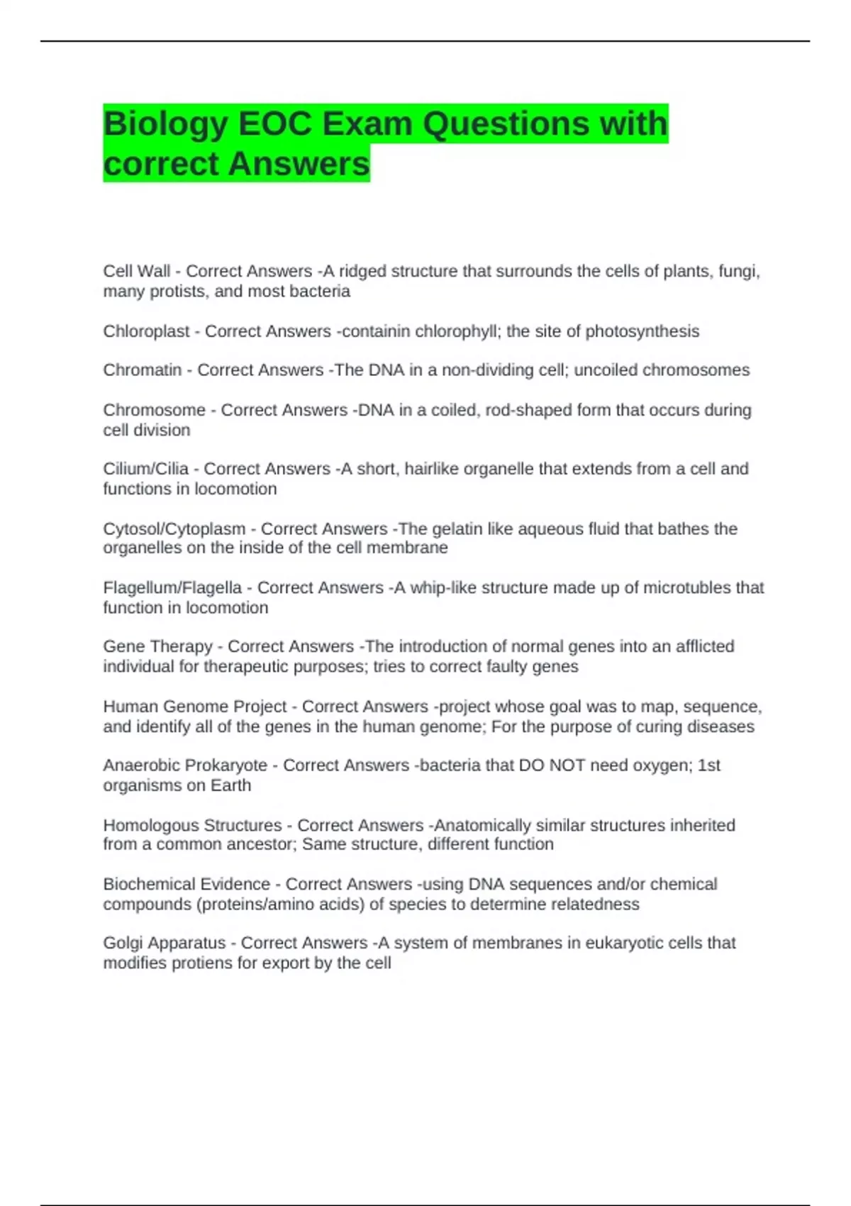 Biology EOC Exam Questions with correct Answers - Biology EOC - Stuvia US