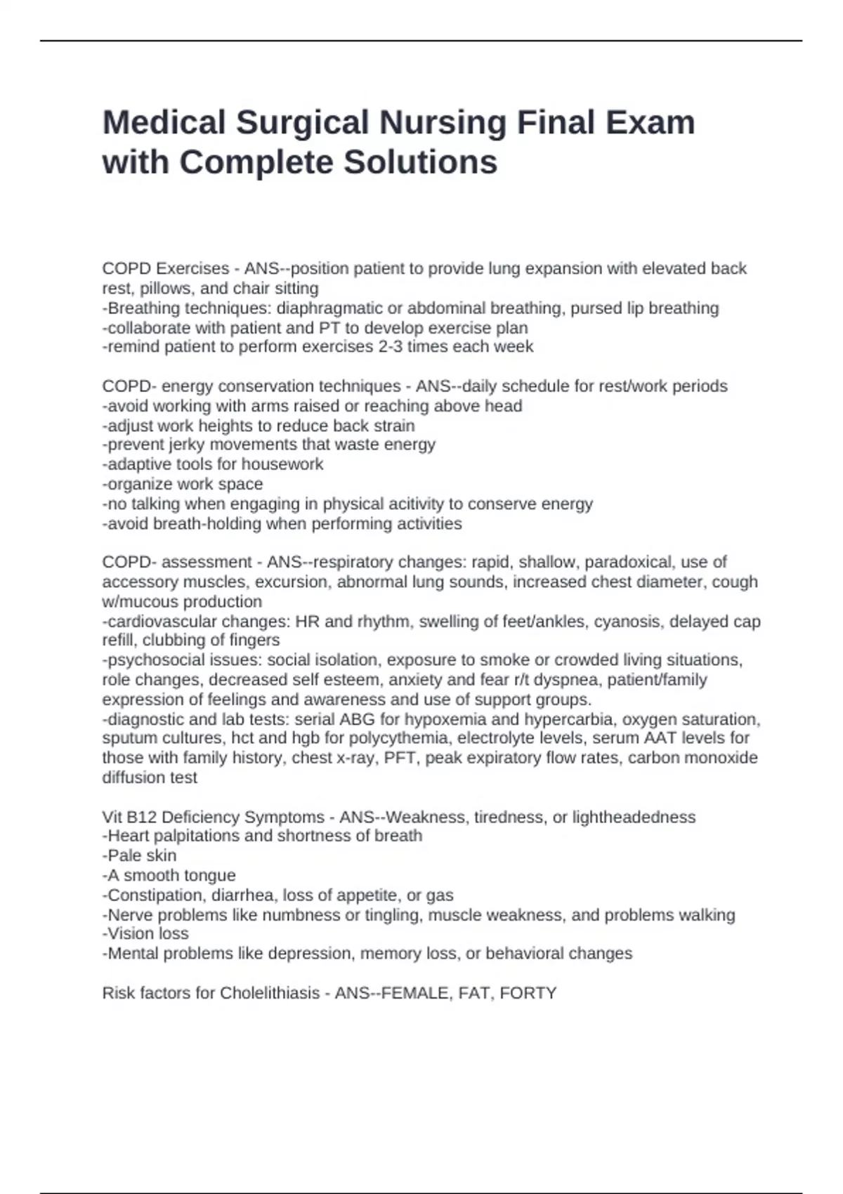 Medical Surgical Nursing Final Exam with Complete Solutions - Medical ...