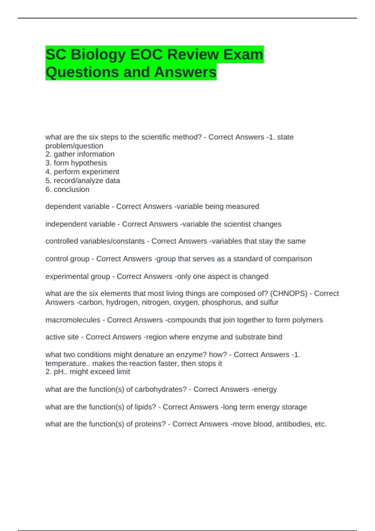 SC Biology EOC Review Exam Questions and Answers - Biology EOC - Stuvia US