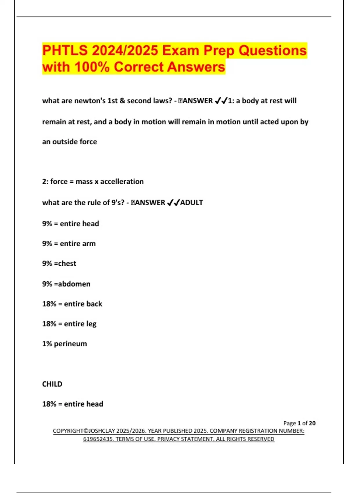 PHTLS 2024/2025 Exam Prep Questions with 100% Correct Answers - PHTLS ...