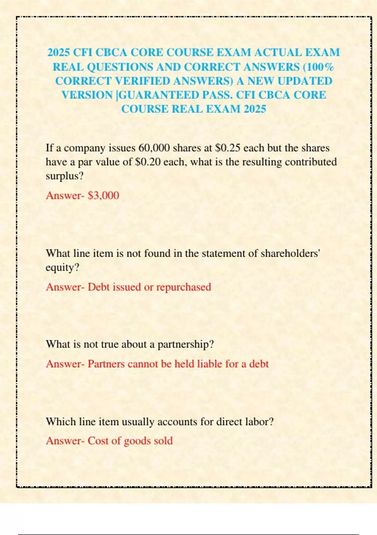 2025 CFI CBCA CORE COURSE EXAM ACTUAL EXAM REAL QUESTIONS AND CORRECT ANSWERS (100% CORRECT ...