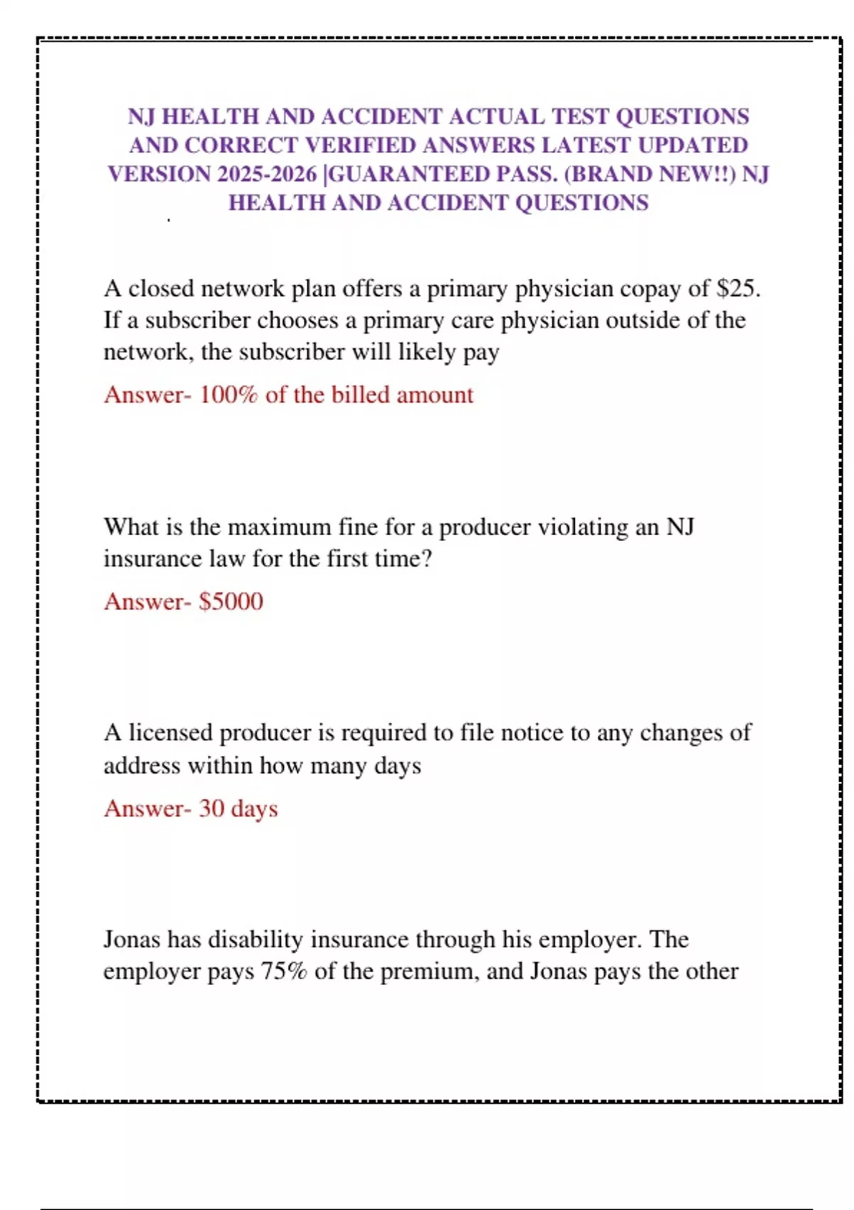 NJ HEALTH AND ACCIDENT ACTUAL TEST QUESTIONS AND CORRECT VERIFIED ...