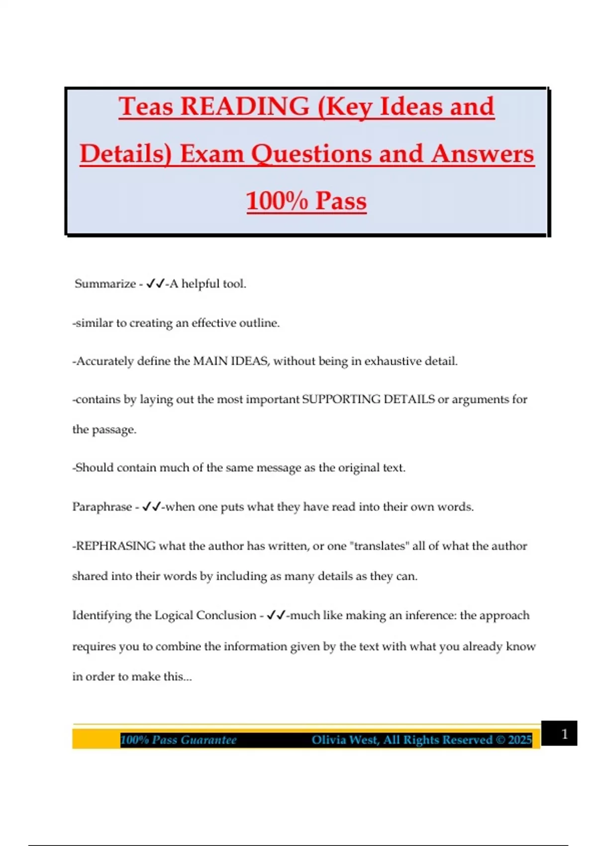 Teas READING (Key Ideas and Details) Exam Questions and Answers 100% ...
