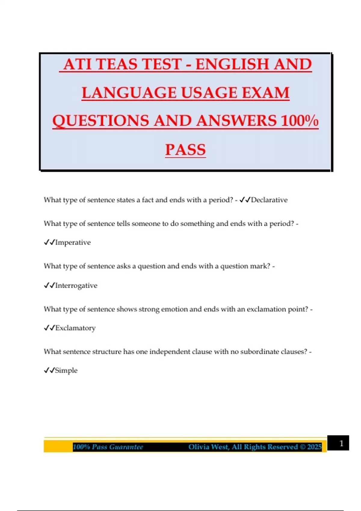 ATI TEAS TEST - ENGLISH AND LANGUAGE USAGE EXAM QUESTIONS AND ANSWERS ...