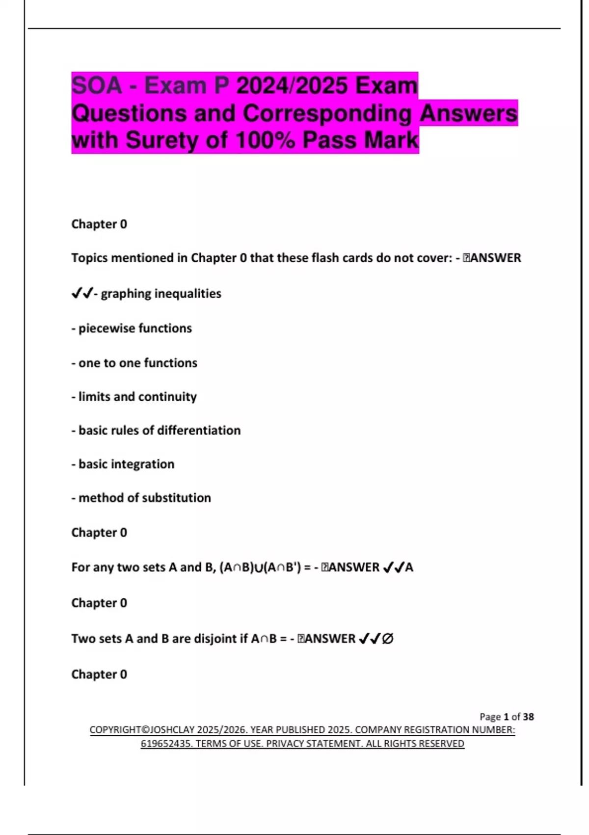 SOA - Exam P 2024/2025 Exam Questions and Corresponding Answers with Surety of 100% Pass Mark ...