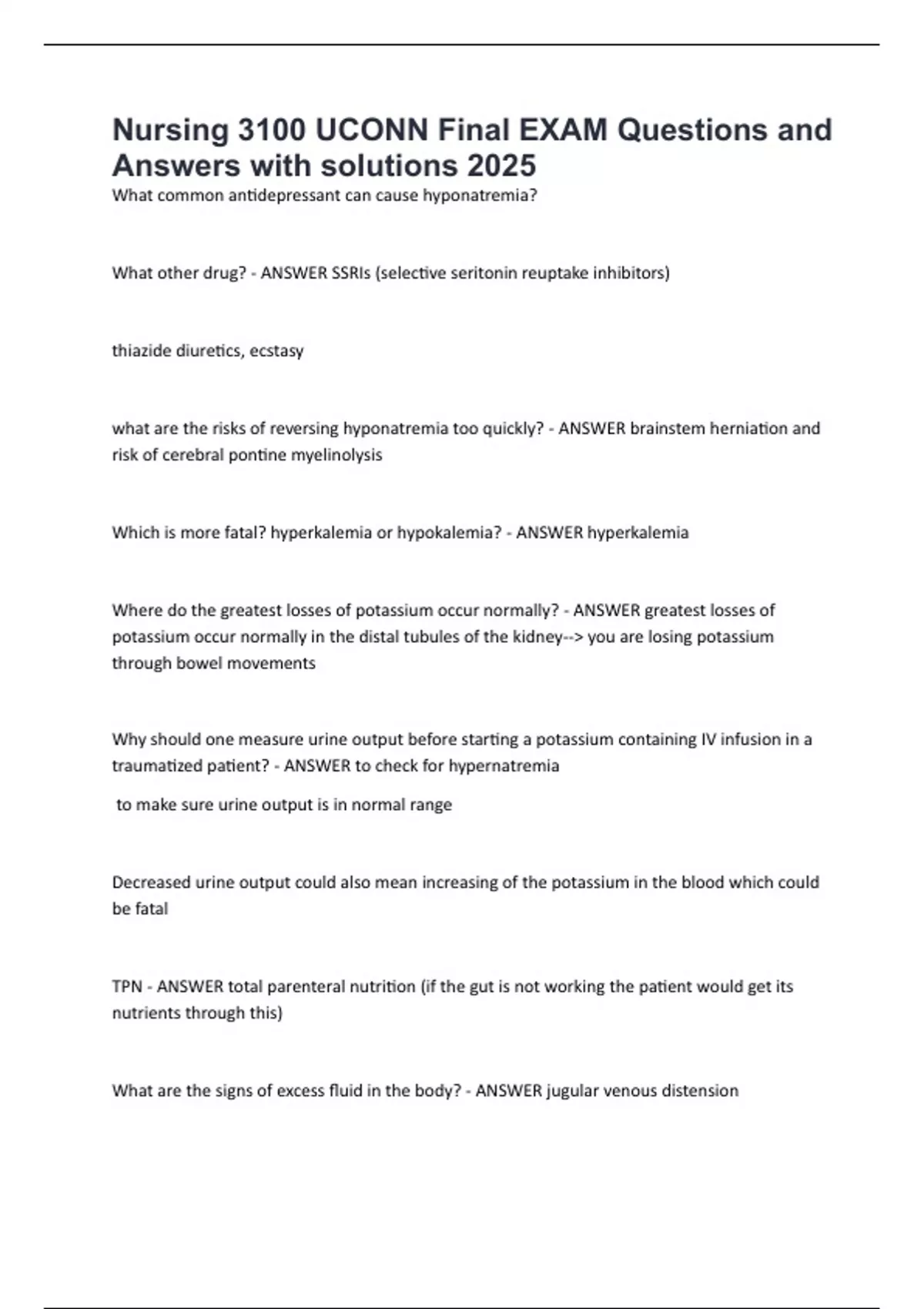 Nursing 3100 UCONN Final EXAM Questions and Answers with solutions 2025 ...