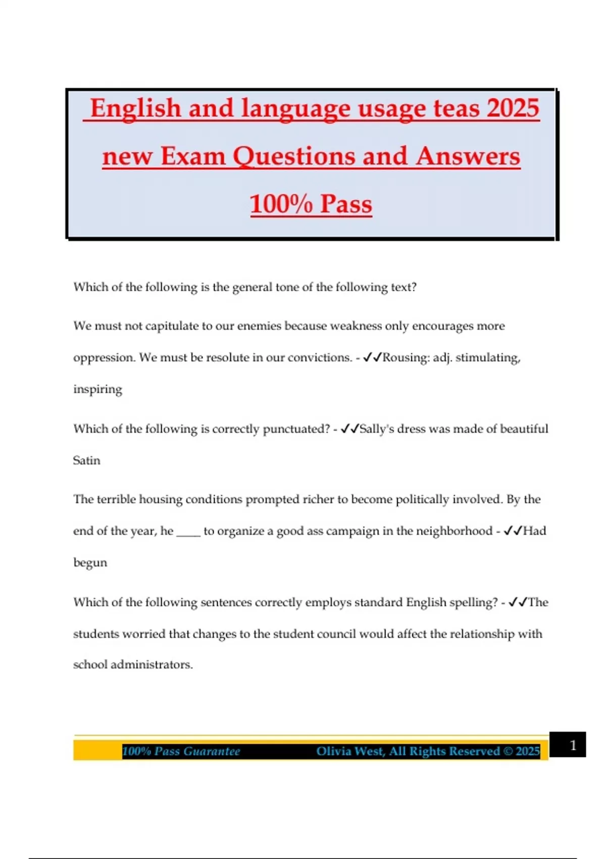 English and language usage teas 2025 new Exam Questions and Answers 100 ...