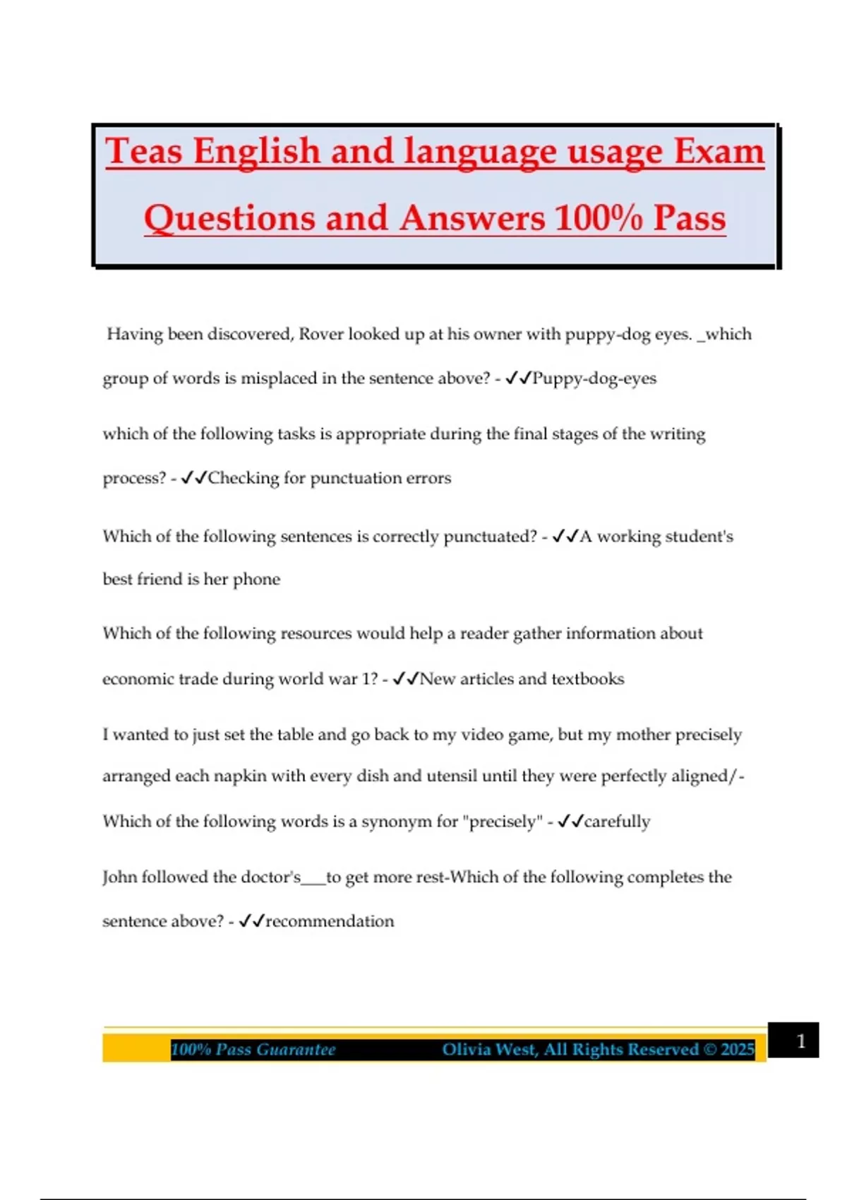 Teas English and language usage Exam Questions and Answers 100% Pass ...