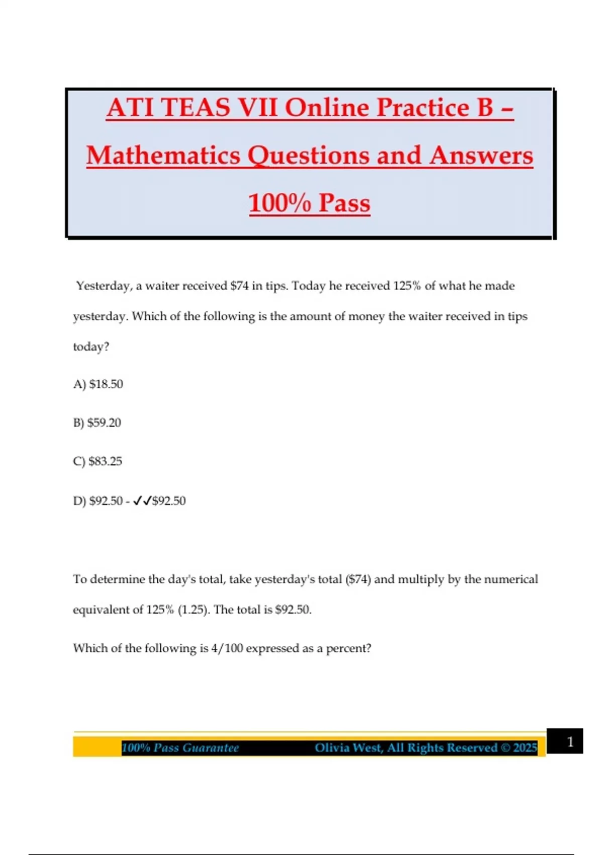 ATI TEAS VII Online Practice B – Mathematics Questions and Answers 100% ...