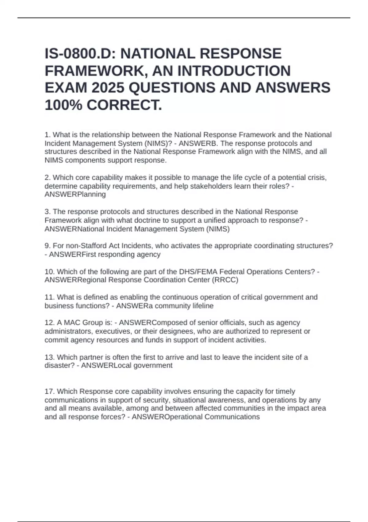 IS-0800.D: NATIONAL RESPONSE FRAMEWORK, AN INTRODUCTION EXAM 2025 ...