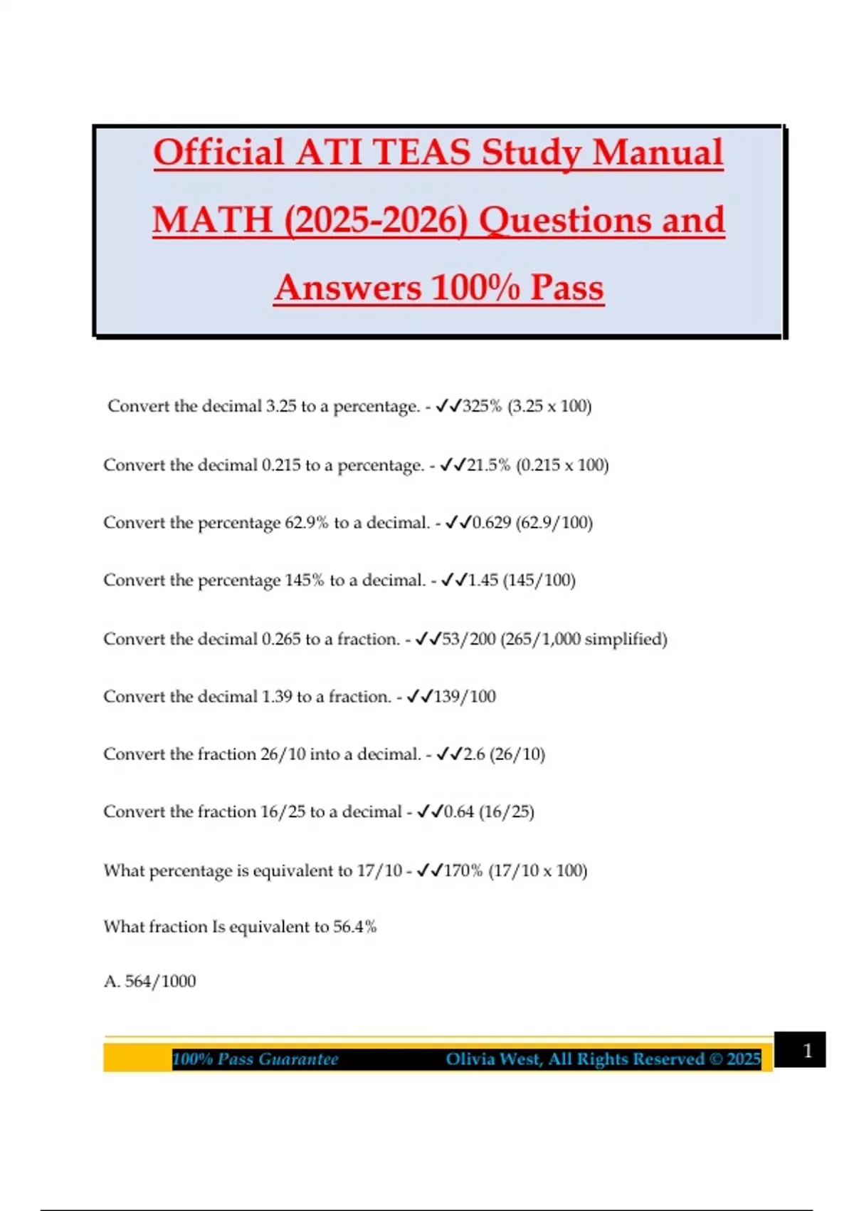 Official ATI TEAS Study Manual MATH () Questions and Answers 100% Pass ...