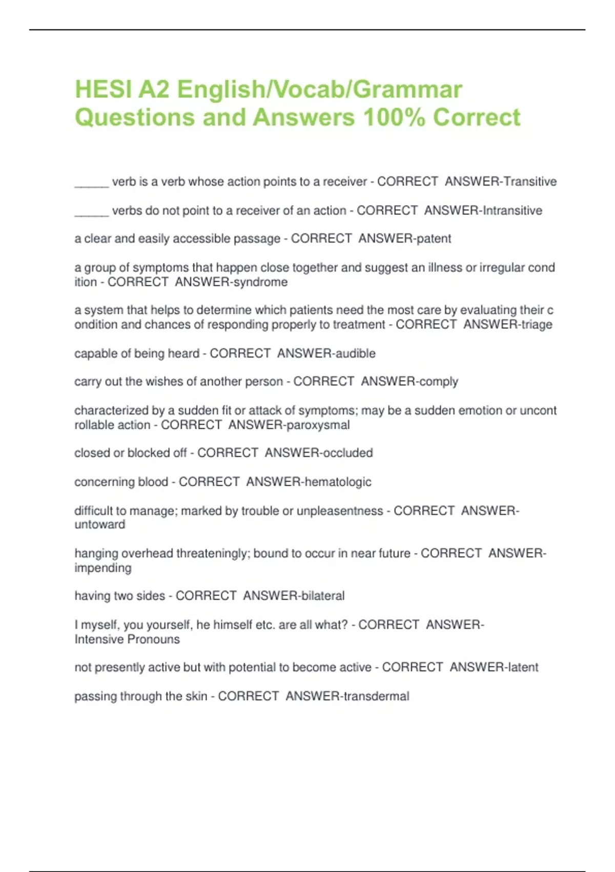 HESI A2 English/Vocab/Grammar Questions and Answers 100% Correct - Hesi ...