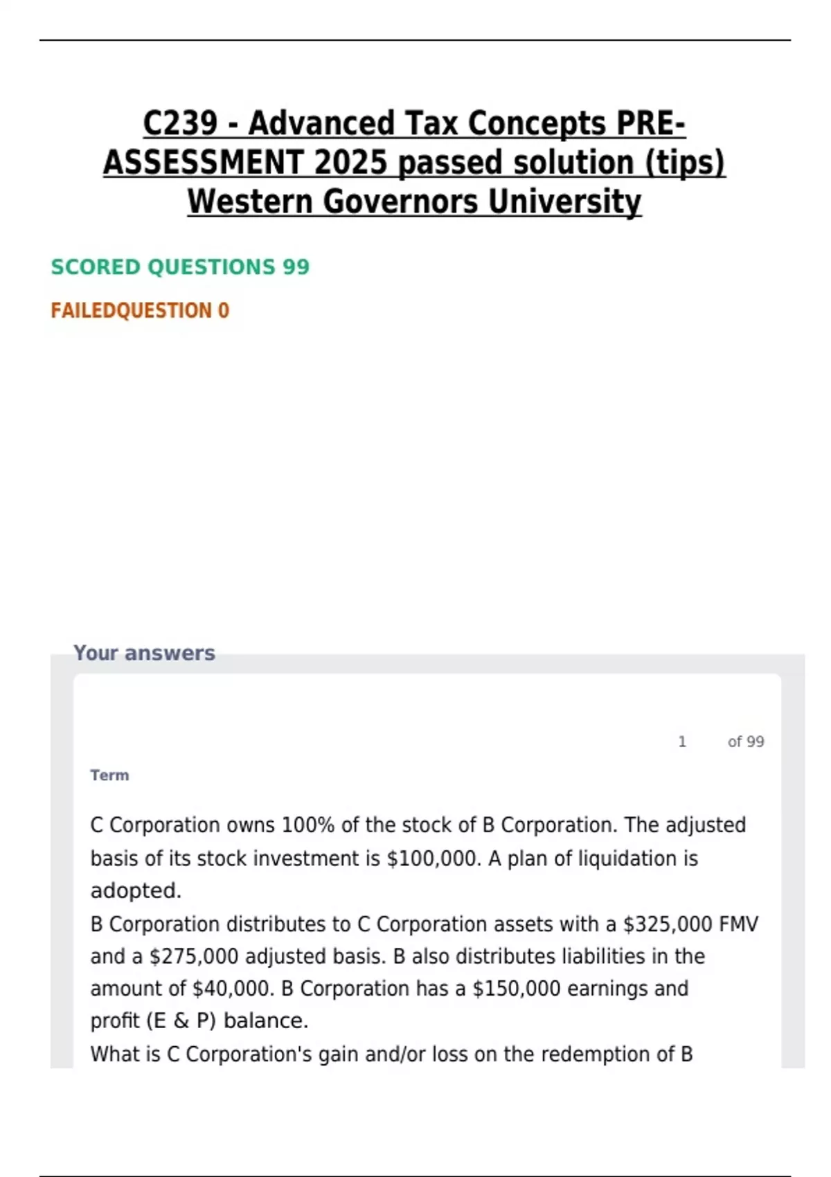 C239 - Advanced Tax Concepts PRE-ASSESSMENT 2025 passed solution (tips) Western Governors ...