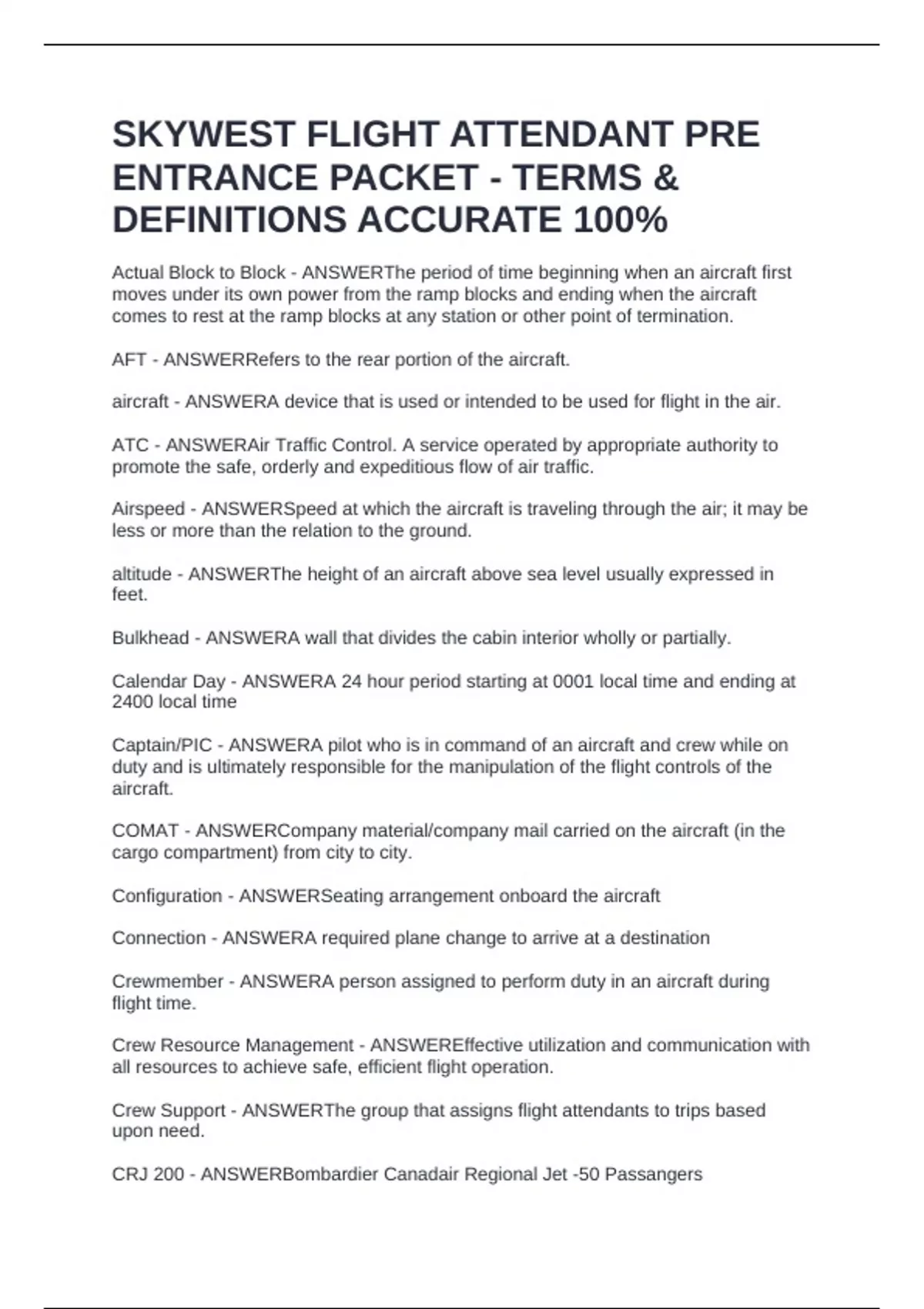 SKYWEST FLIGHT ATTENDANT PRE ENTRANCE PACKET - TERMS & DEFINITIONS ...