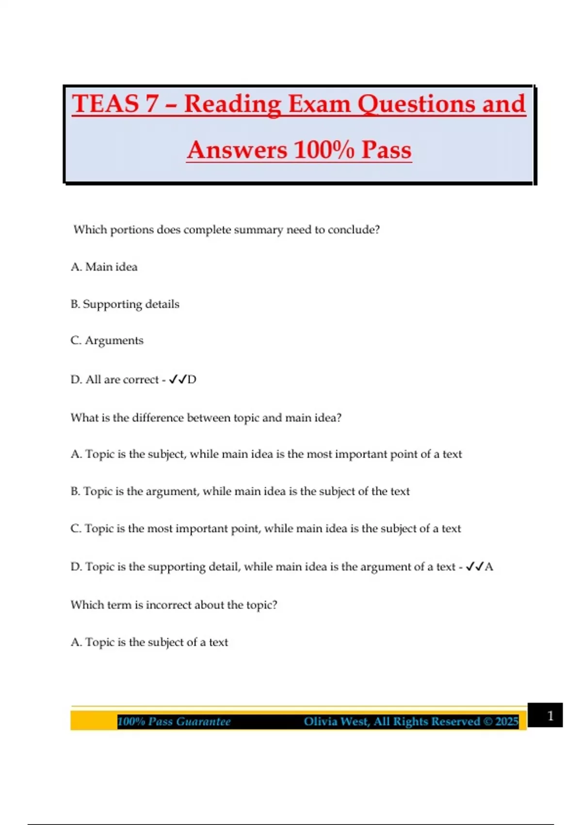 TEAS 7 – Reading Exam Questions and Answers 100% Pass - Teas - Stuvia US