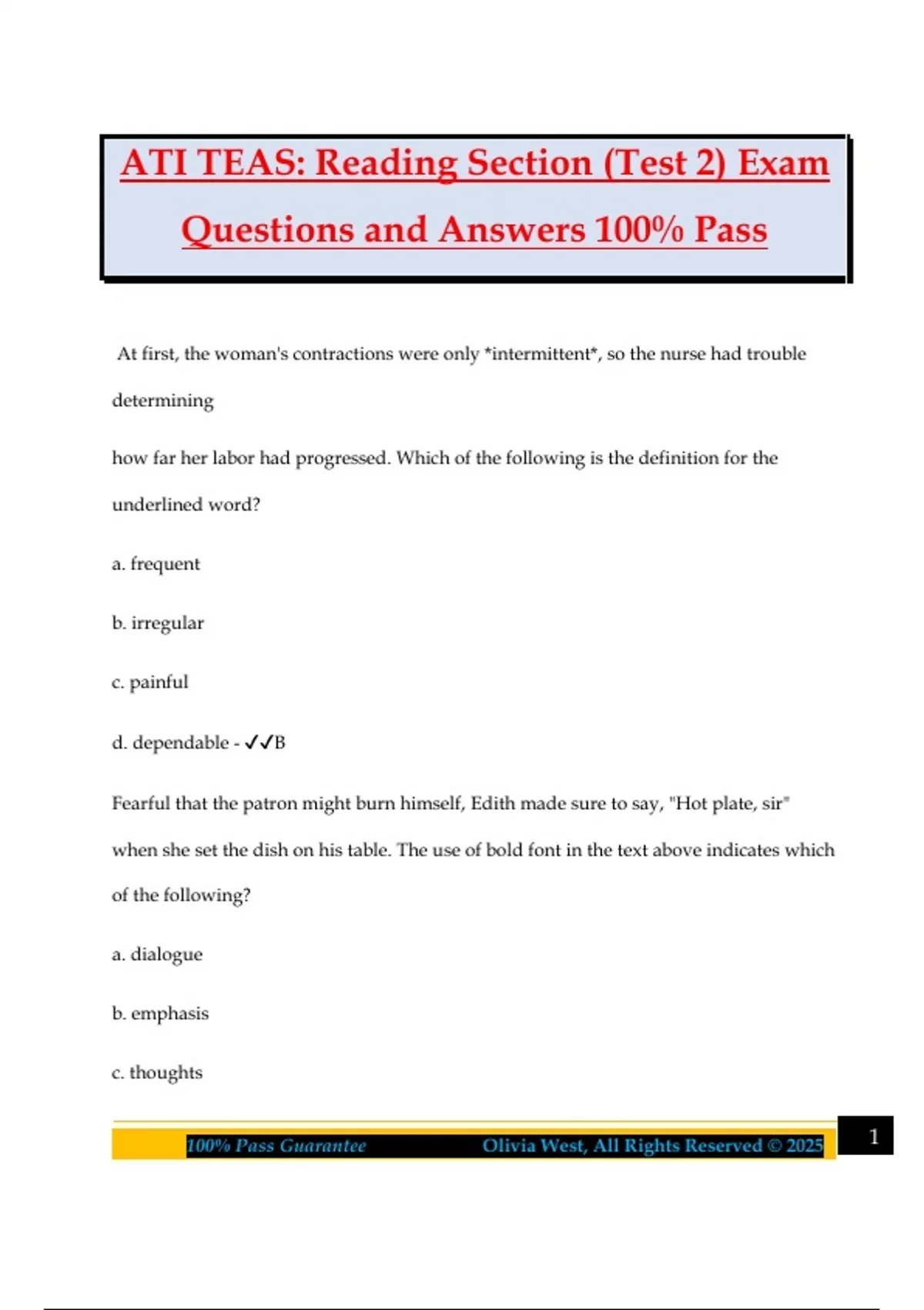 ATI TEAS: Reading Section (Test 2) Exam Questions and Answers 100% Pass ...
